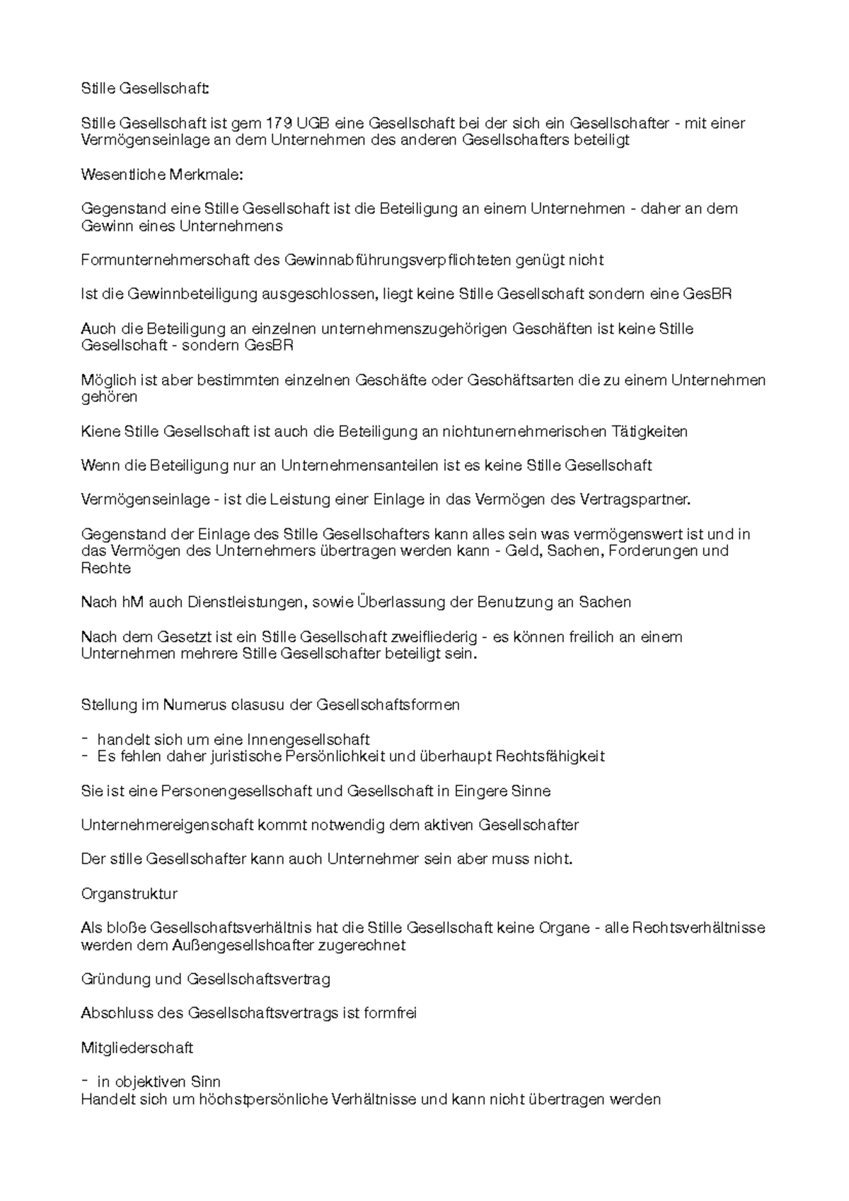 Stille Gesellschaft: Merkmale, Rechte und Pflichten gemäß UGB - Studocu