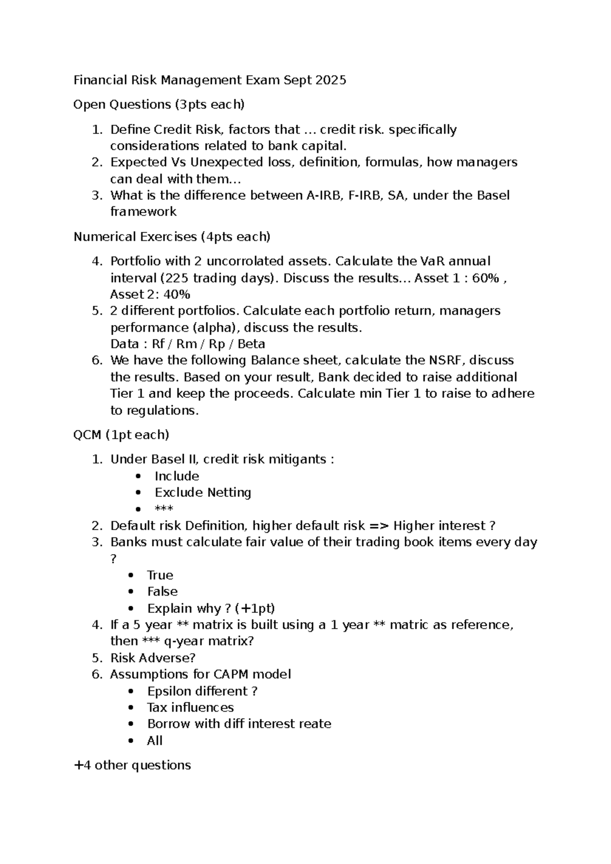Financial Risk Management Exam (FRM 2025) Open Questions & QCM - Studocu