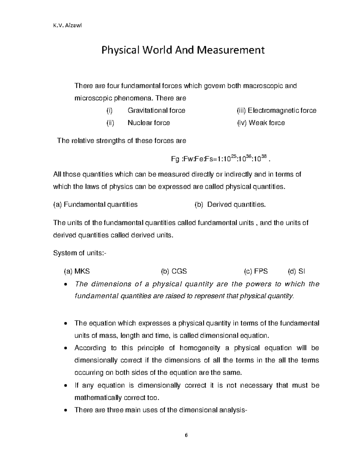 K.V. Aizawl PHYS 101: Physical World & Measurement Notes - Studocu