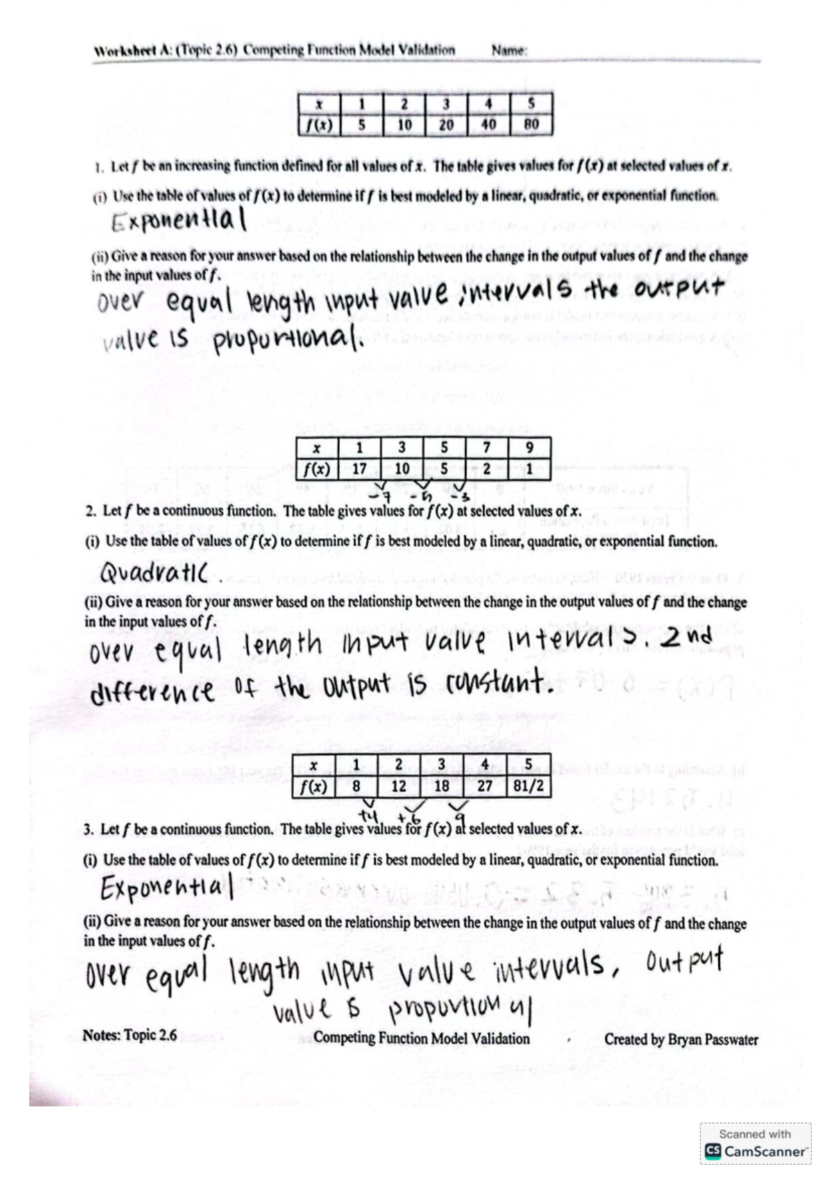 Worksheet A: Topic 2.6 Competing Function Model Validation Analysis - Studocu