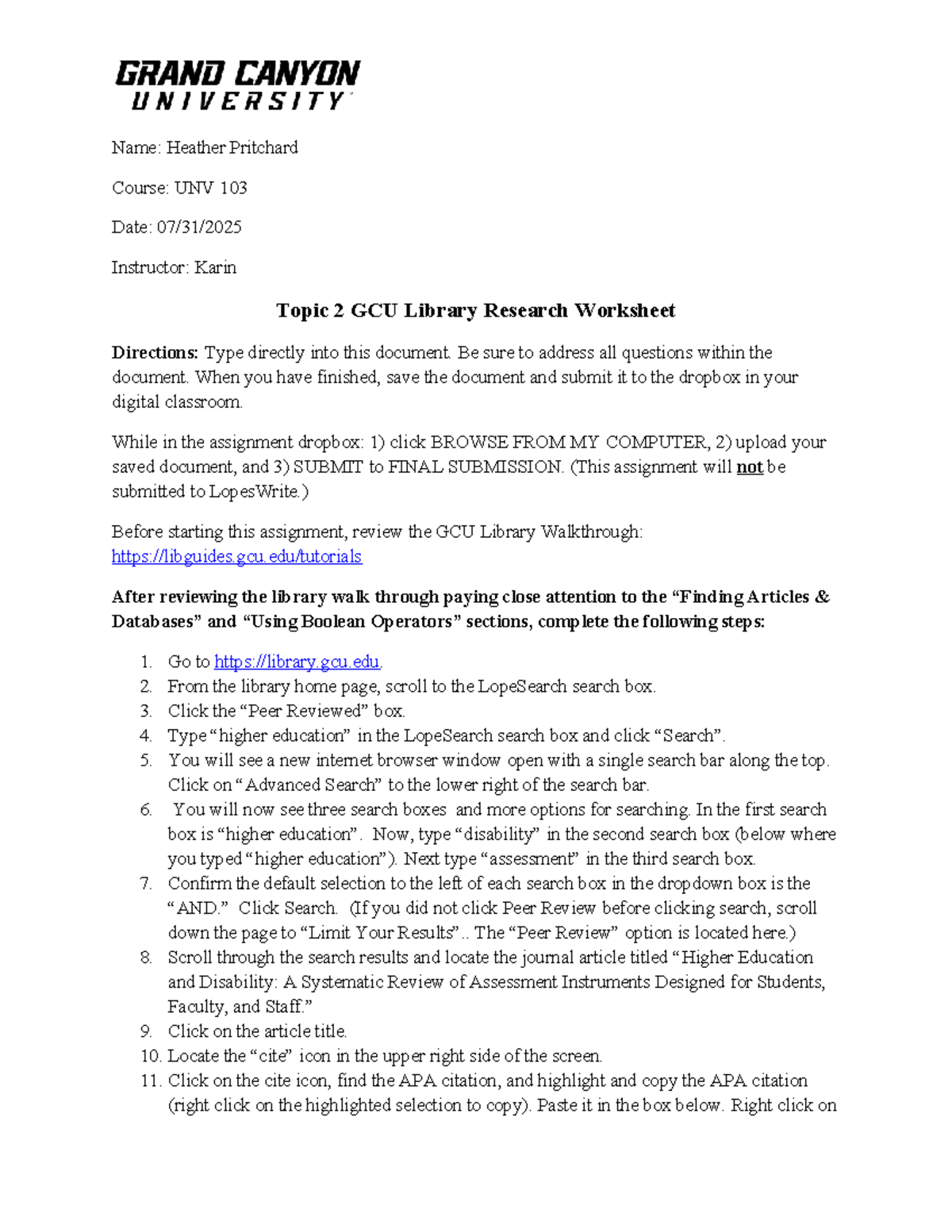 UNV 103 - Topic 2: GCU Library Research Worksheet Assignment - Studocu