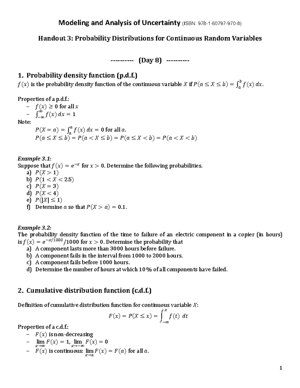 Handout 3 Continuous variables - Modeling and Analysis of Uncertainty (ISBN: 978- 1 - 60797 ...