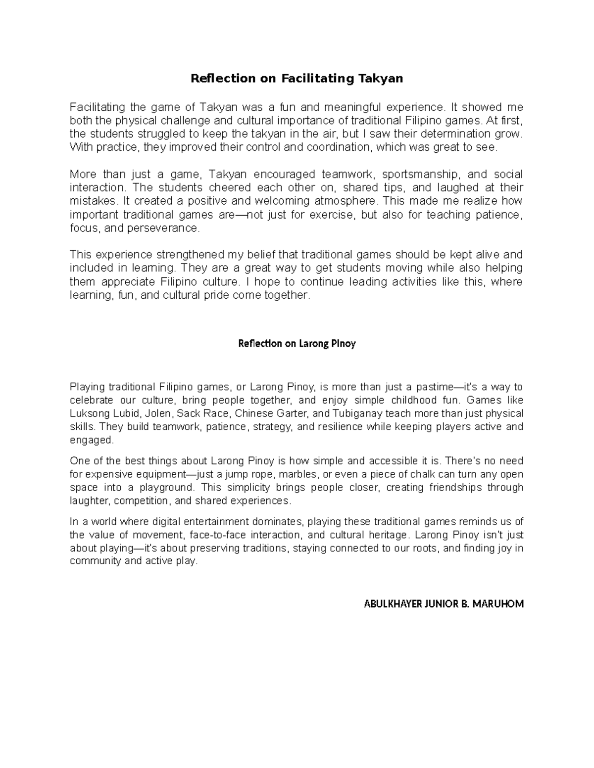 Reflection on Facilitating Takyan and Larong Pinoy Activities - Studocu