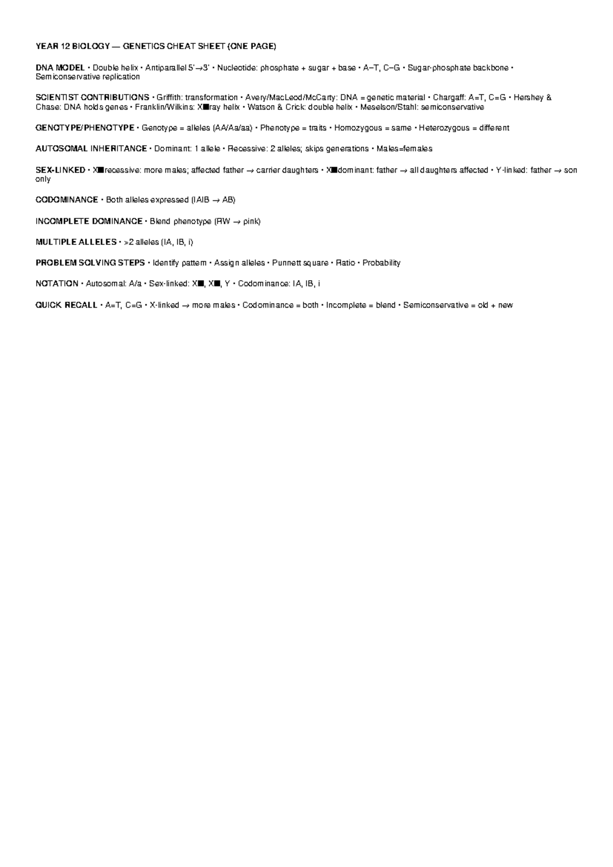 YEAR 12 BIOLOGY GENETICS CHEAT SHEET (ONE PAGE) - Studocu