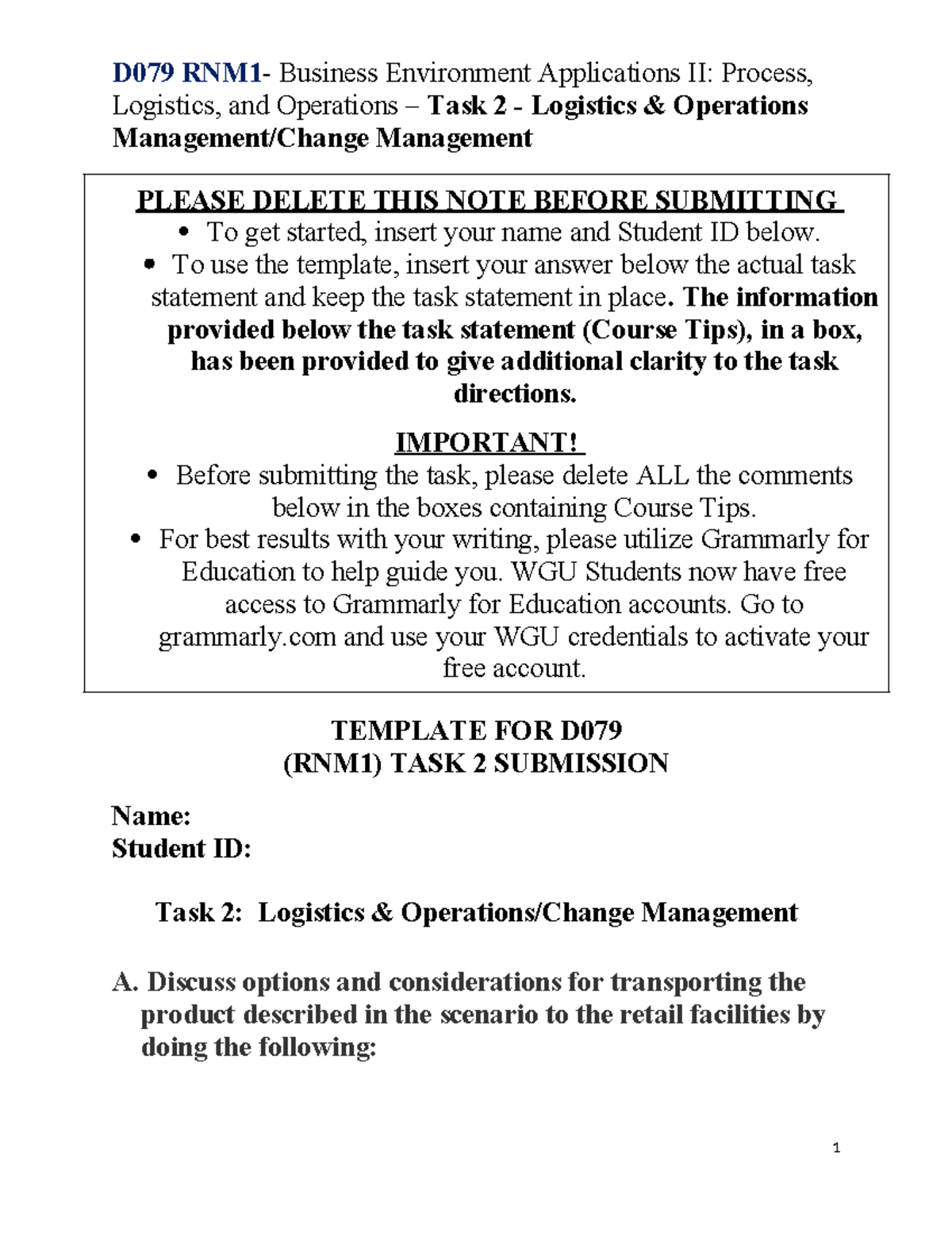 D079 Logistics Operations Management: Task 2 Submission Template - Studocu