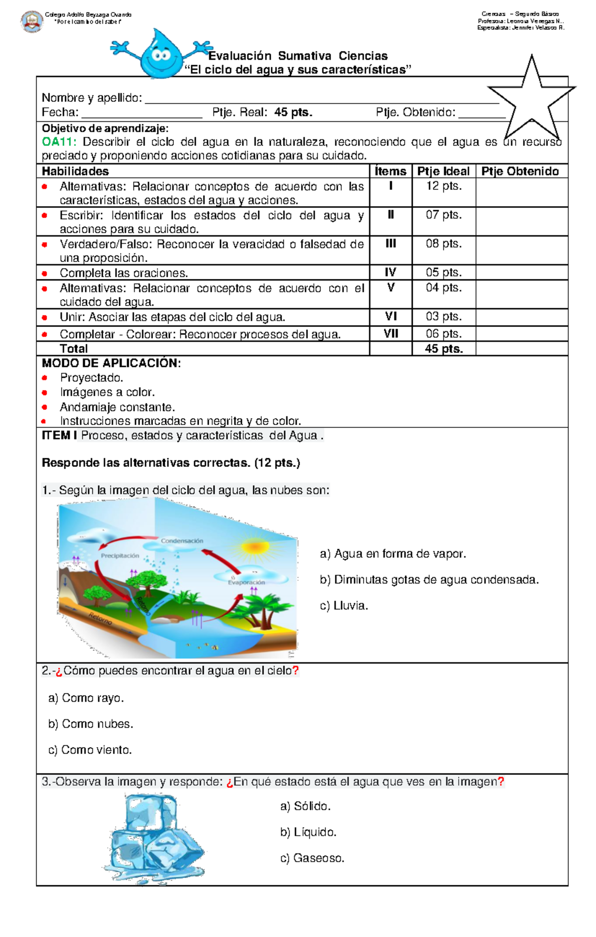 Evaluación Sumativa de Ciencias: Ciclo del Agua - Segundo Básico - Studocu