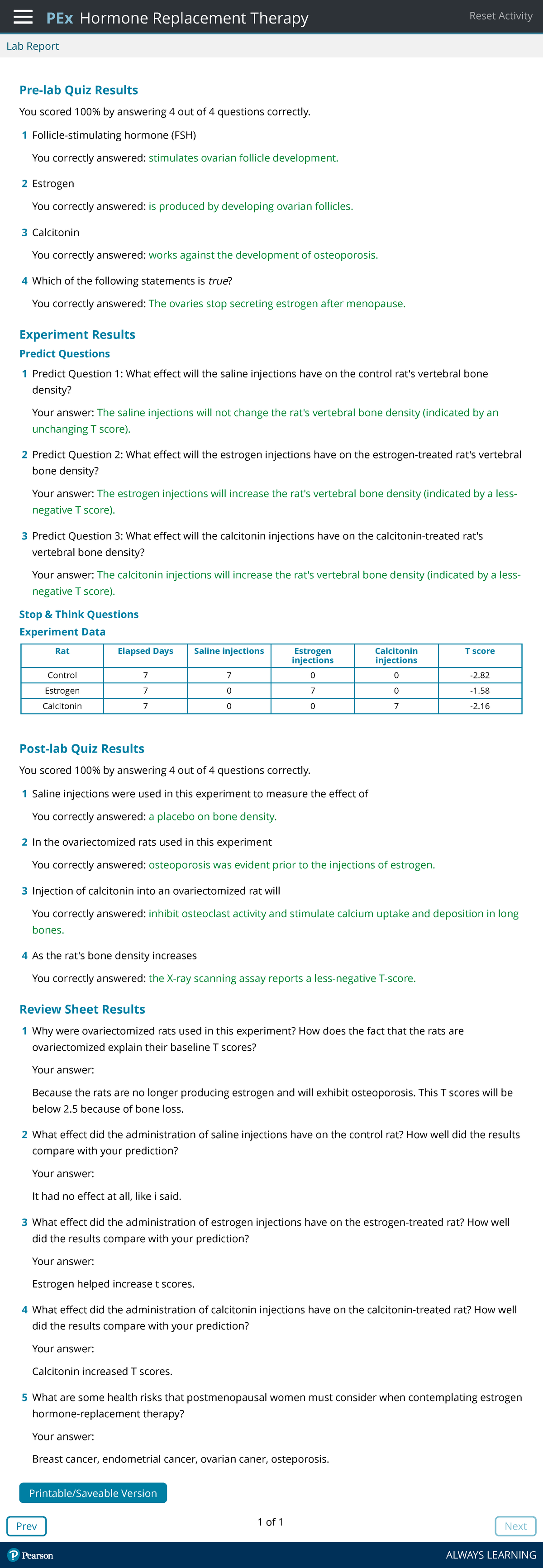Physio Ex PEx Exercise 4 Activity 3: Hormone Replacement Therapy Lab ...