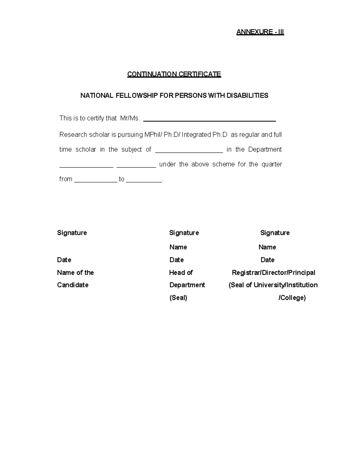 Continuation Certificate for National Fellowship (Integrated Ph.D) - Studocu