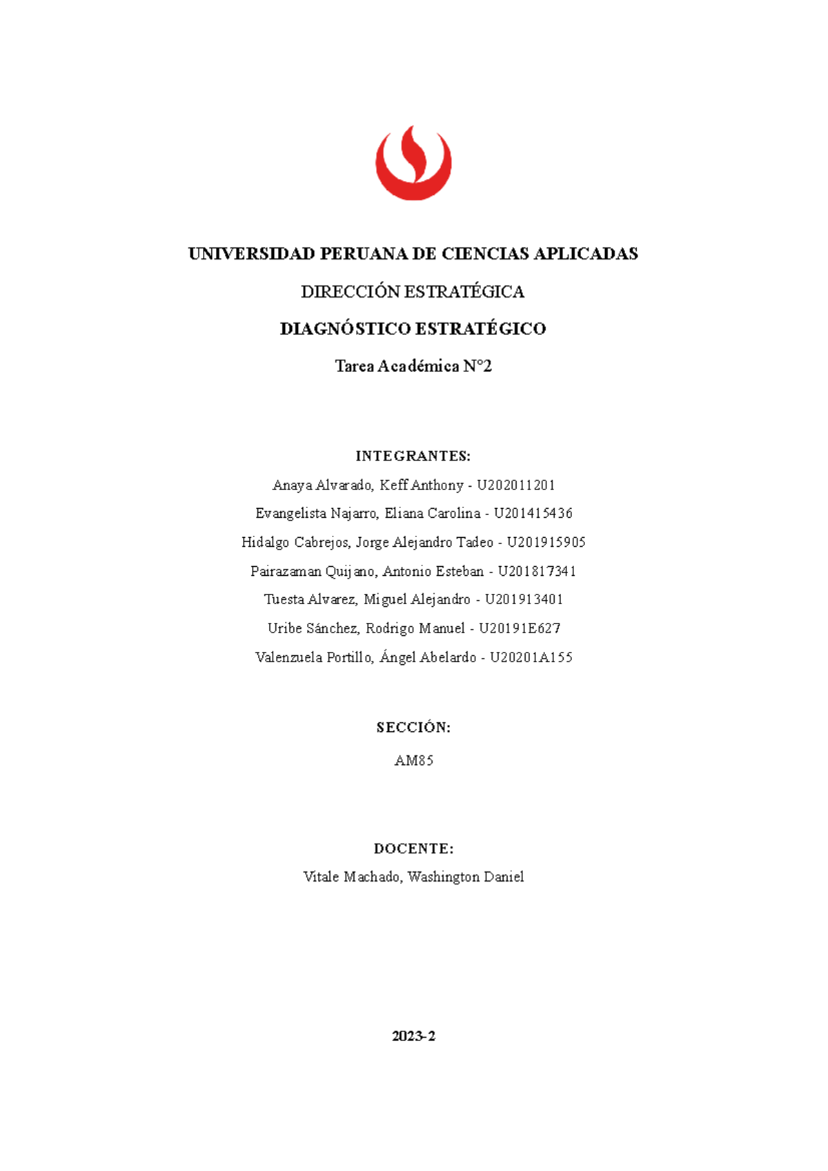 AM85 Tarea Académica N° 2: Diagnóstico Estratégico del BCP 2023-2 - Studocu