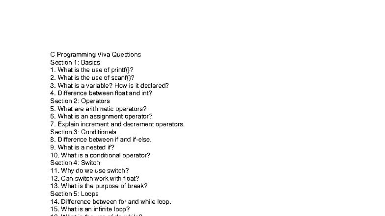 C Programming Viva Questions: Key Concepts and Basics - Studocu
