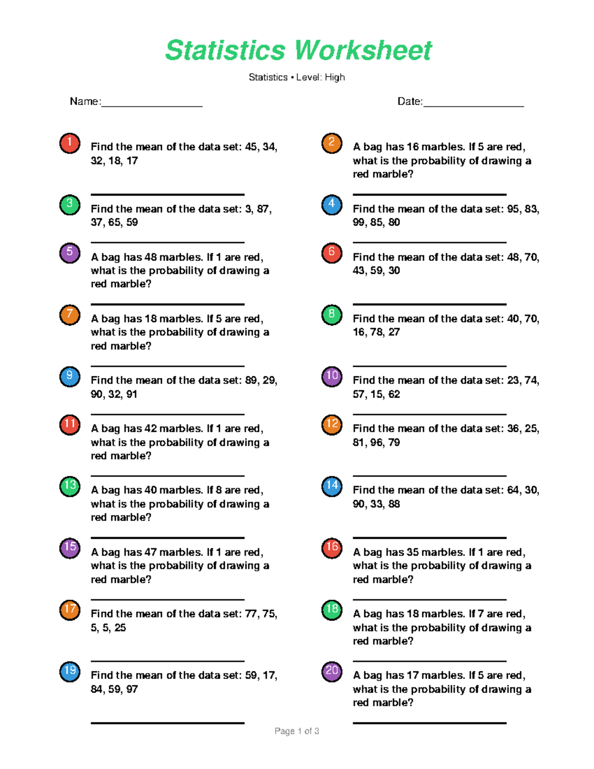 Statistics Worksheet: Mean & Probability Problems (Level High 1) - Studocu
