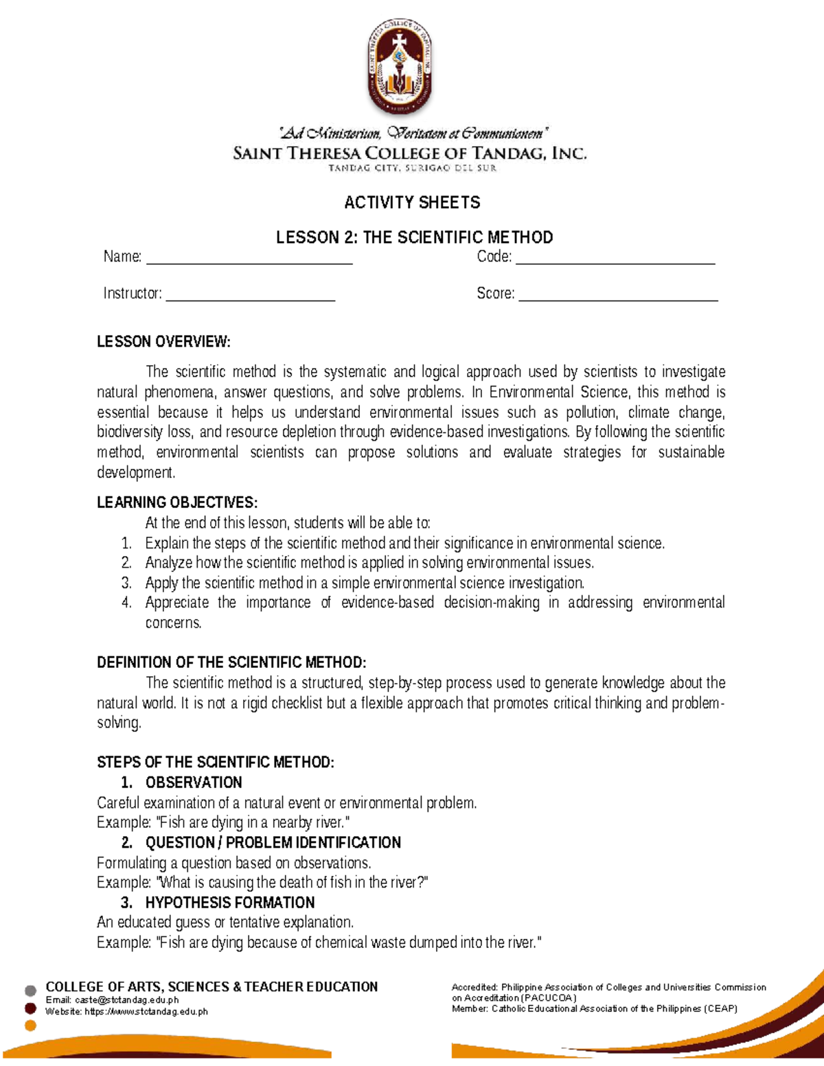 ACTIVITY SHEETS: LESSON 2 - THE SCIENTIFIC METHOD (GELECT-2) - Studocu