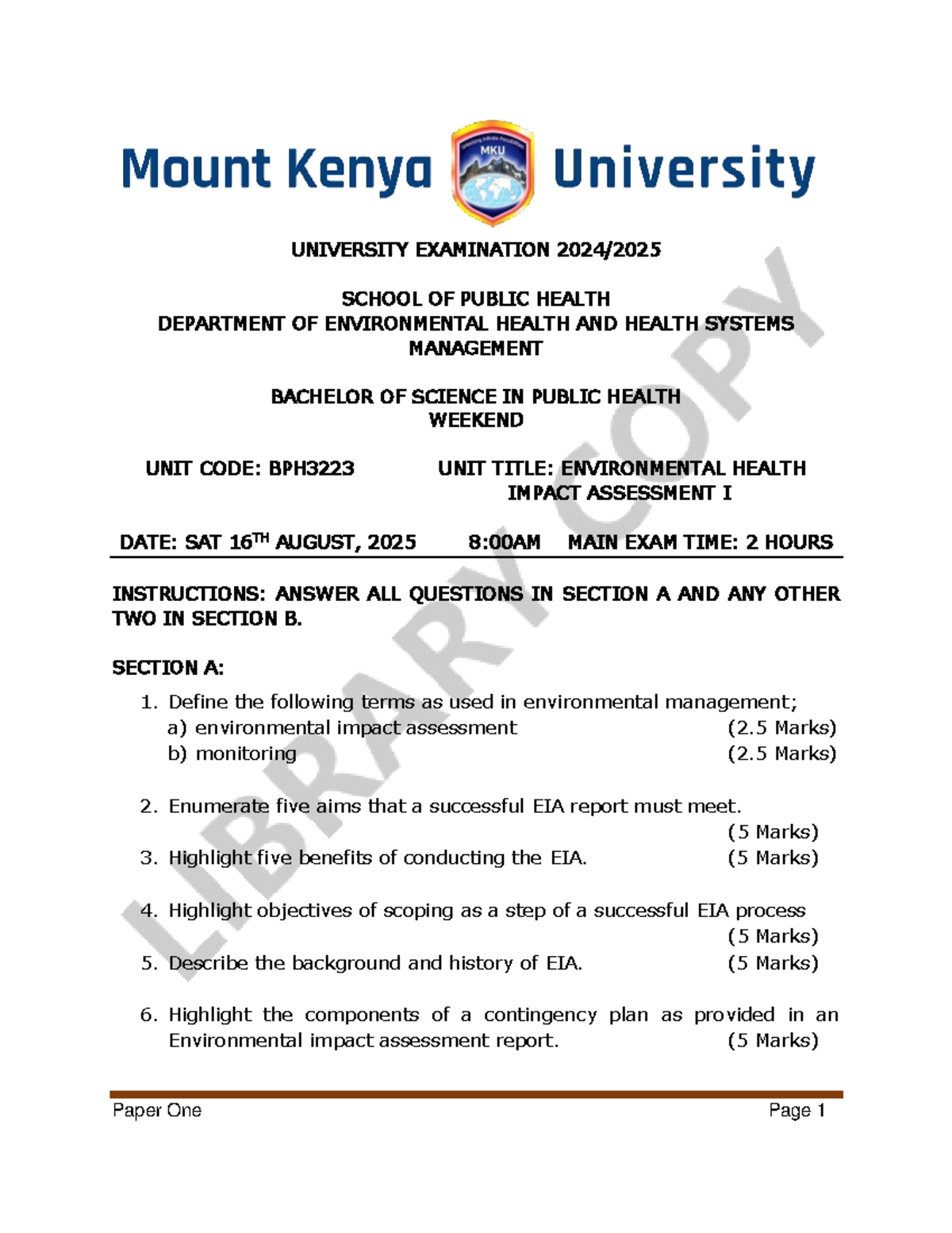 BPH3223 Environmental Health Impact Assessment Weekend Exam - Studocu