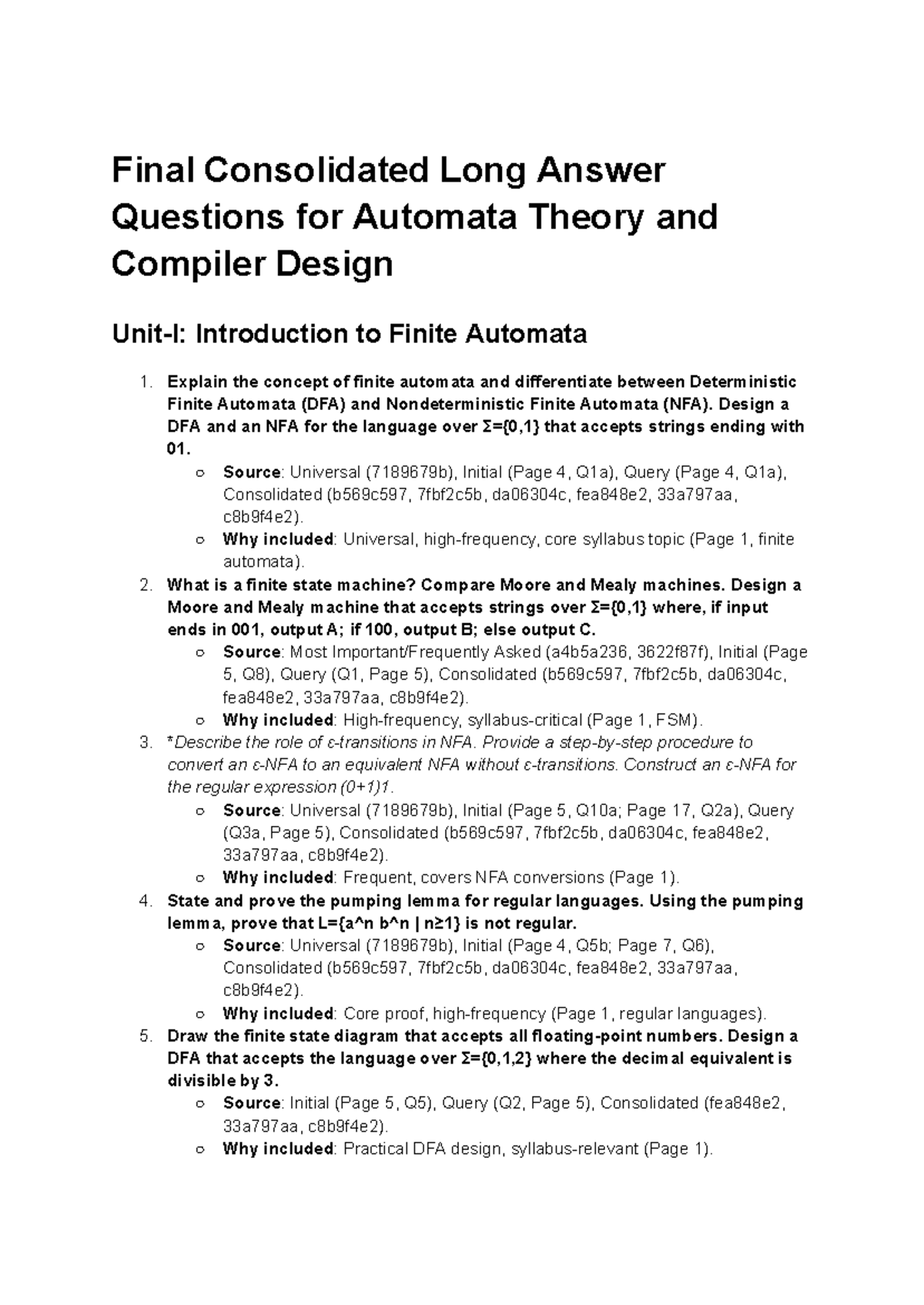 Final Exam Questions for Automata Theory and Compiler Design (ATCD 7189679) - Studocu