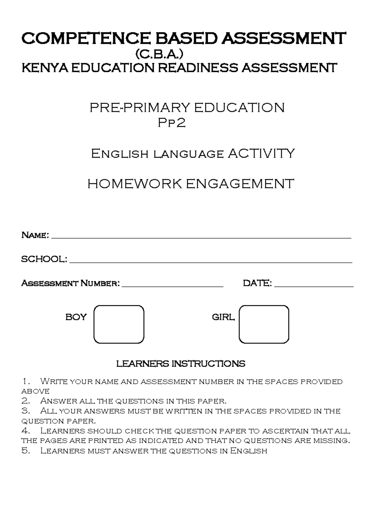 PP2 English Homework Engagement - C.B.A. Kenya Education Assessment ...