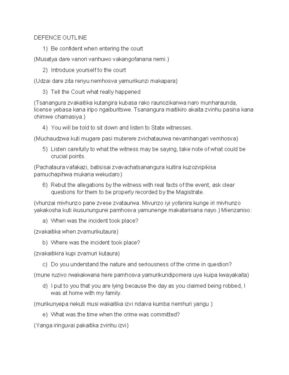 Defence Outline Guidelines for Court Proceedings - Essential Tips - Studocu