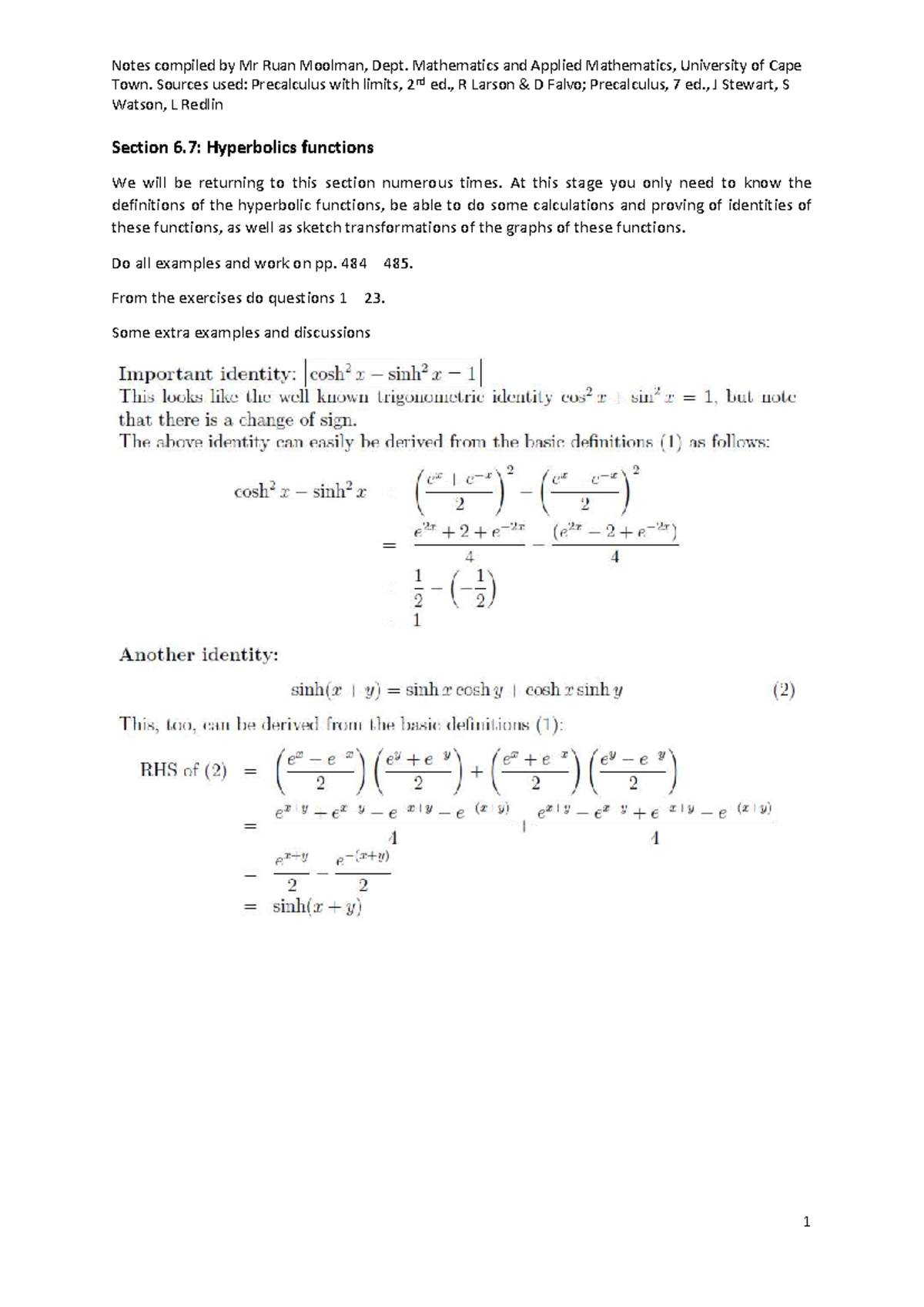 MAT101: Hyperbolic Functions Notes & Example Questions - Studocu
