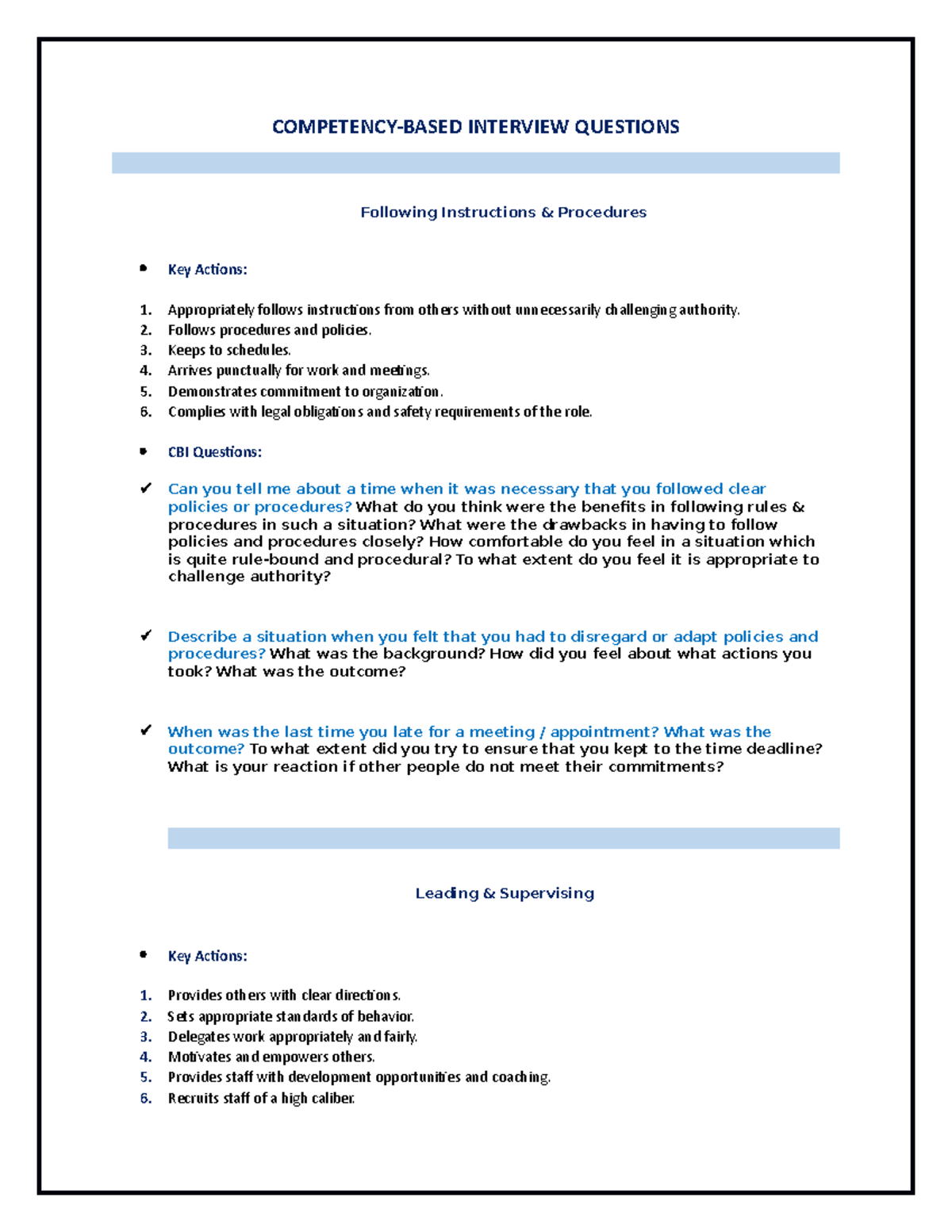 COMPETENCY-BASED INTERVIEW QUESTIONS: Key Actions & CBI Insights - Studocu