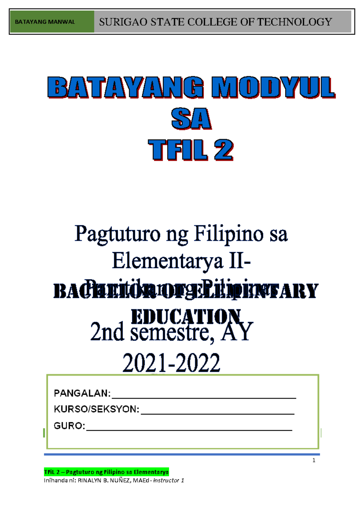 TFi L 2- Final Module Kabanata 11 - TFiL 2 – Pagtuturo ng Filipino sa ...