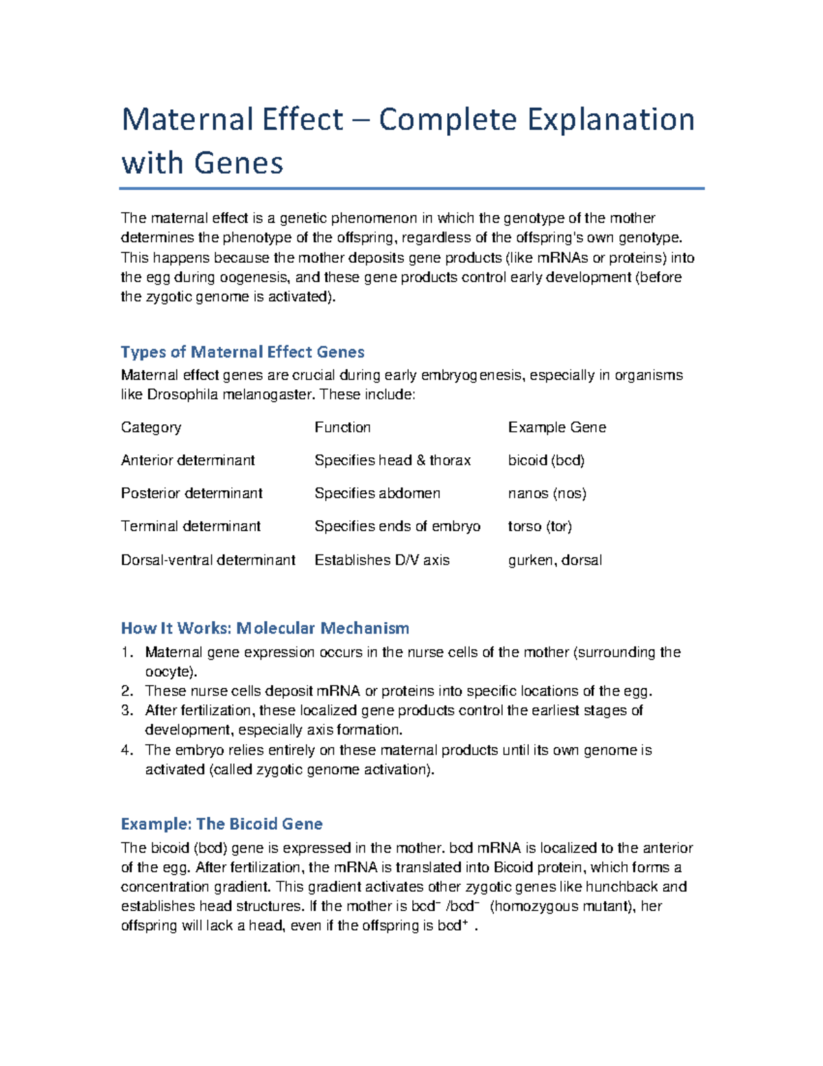 Maternal Effect Genes Explained: Mechanisms & Examples - Studocu