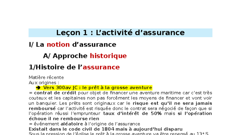 Droit des Assurances - Leçon 1 : Approche Historique et Évolution - Studocu