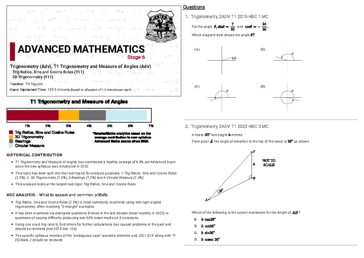 Trigonometry 2ADV T1 2023 HSC: Ratios, Sine & Cosine Rules Analysis ...