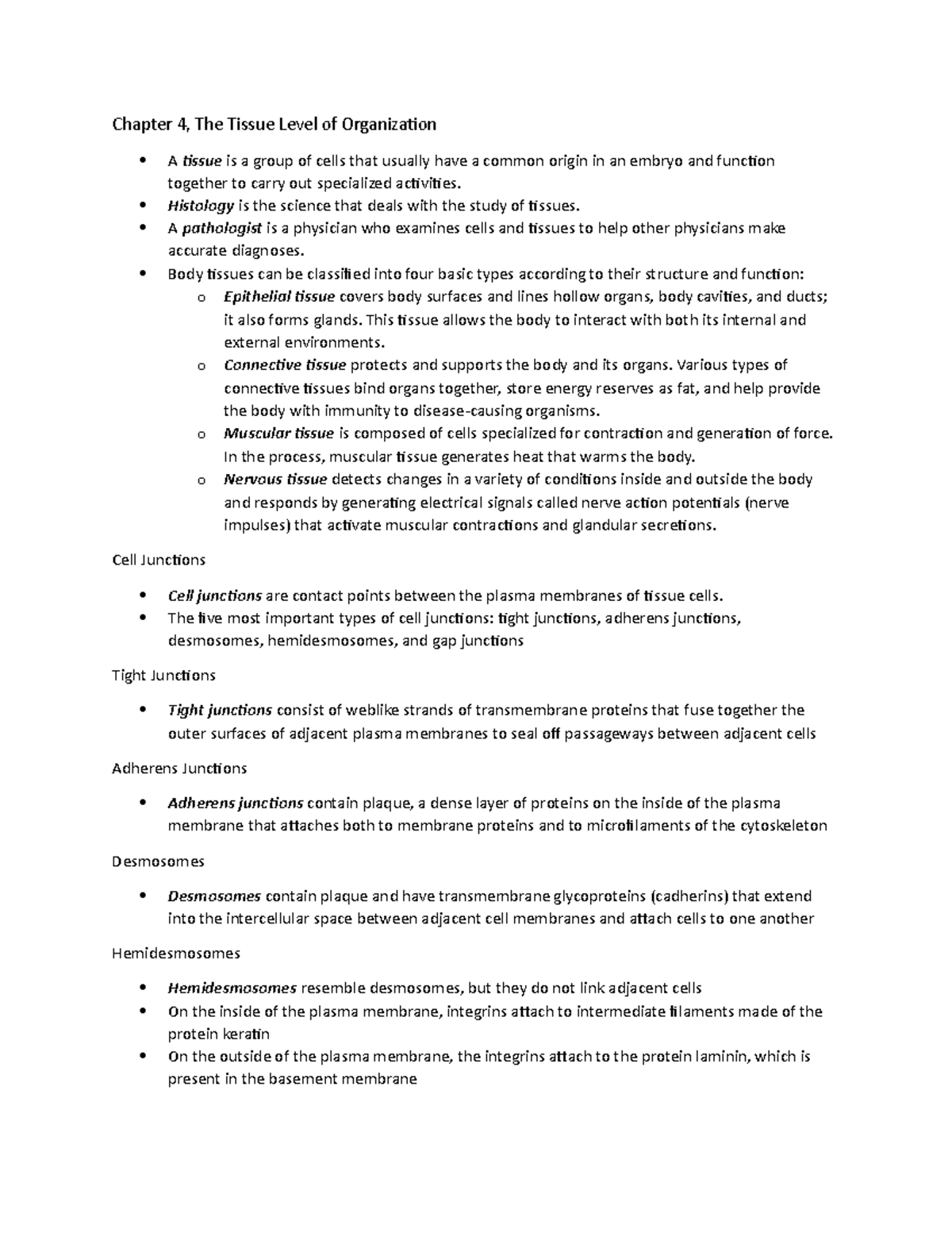 Chapter 4, Biology Notes - Chapter 4, The Tissue Level of Organization ...
