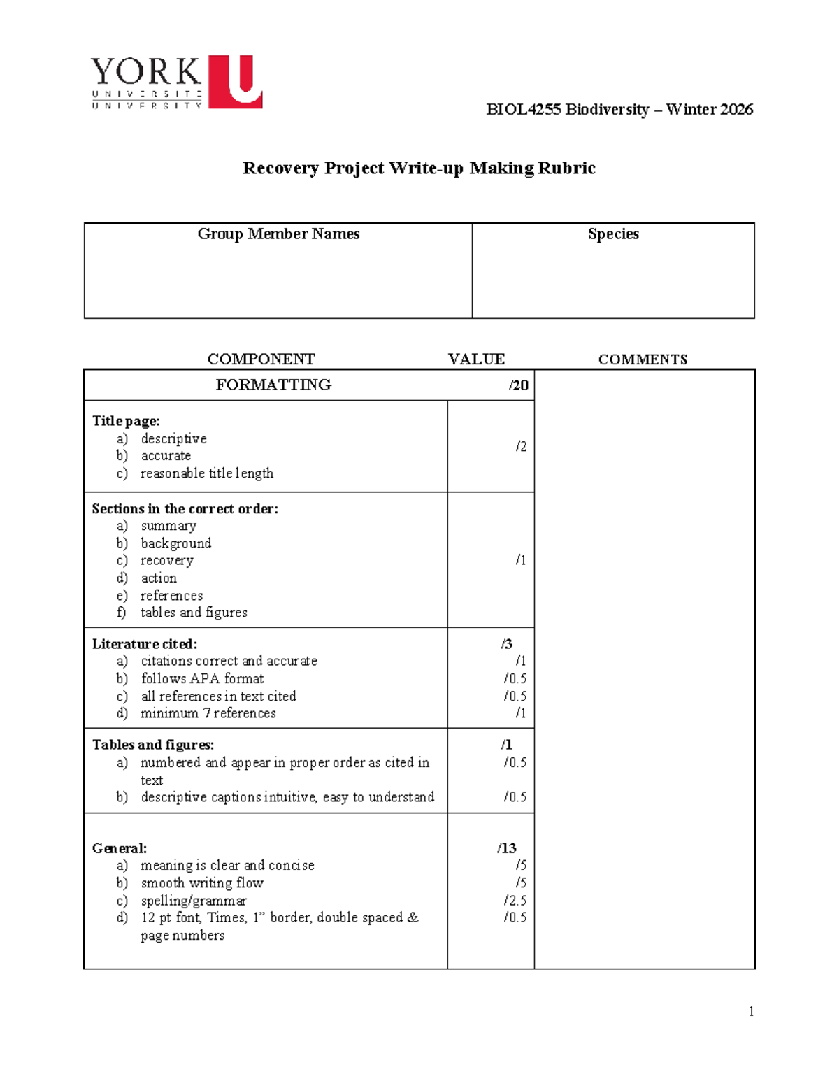 BIOL4255 Winter 2026 Recovery Project Writeup Rubric - Studocu