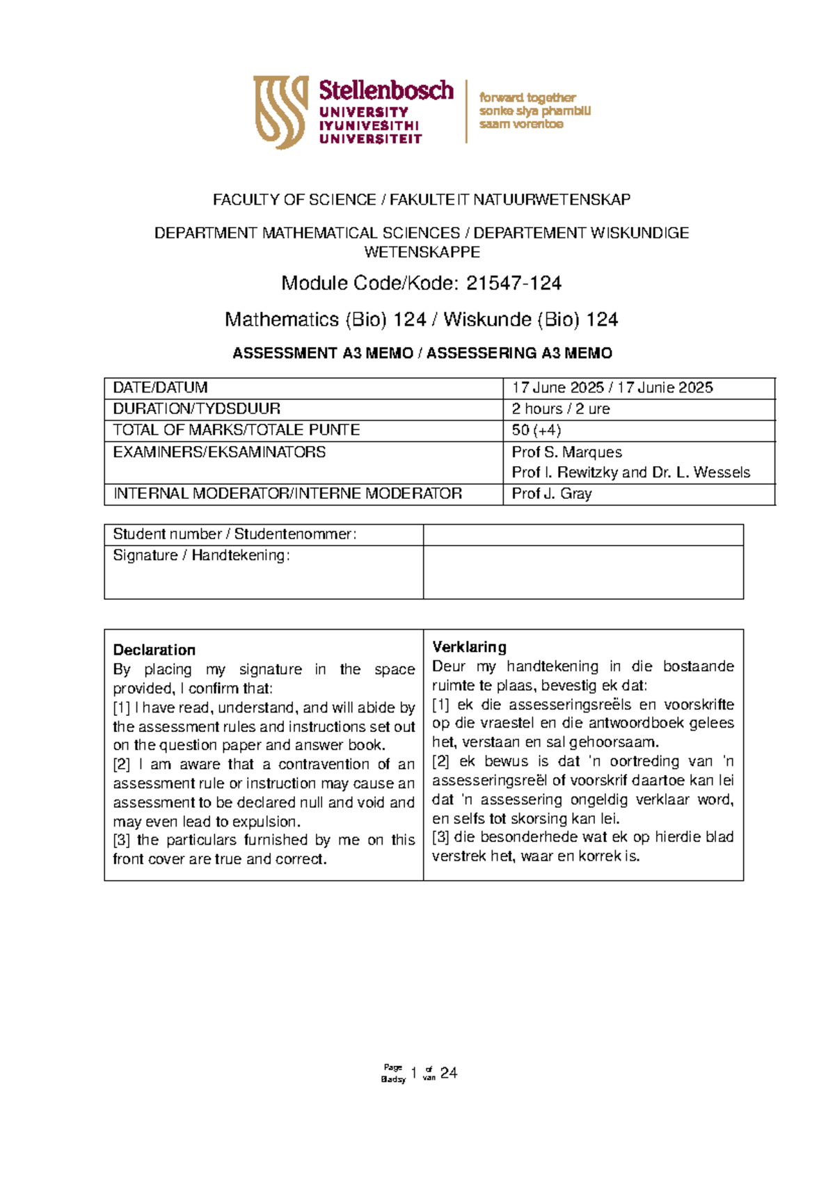 Mathematics (Bio) 124 A3 2025 Assessment Memo - Studocu