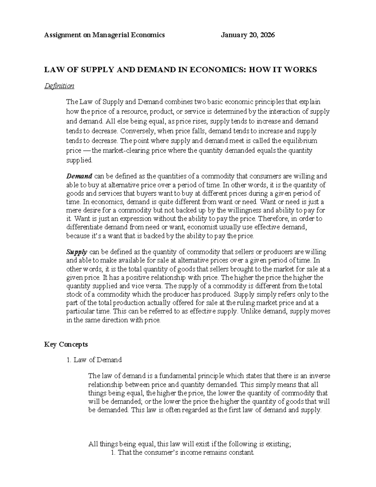 Managerial Economics Assignment: Law of Supply and Demand Analysis ...