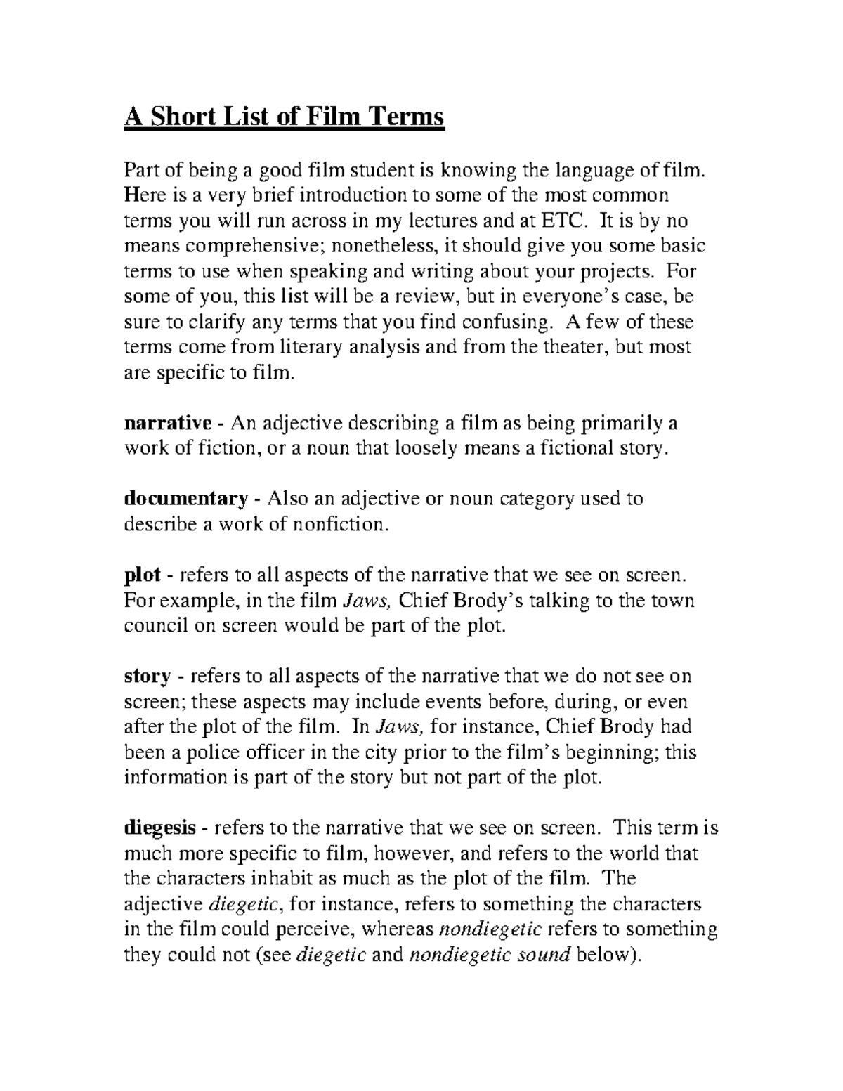 A Short List of Film Terms - Here is a very brief introduction to some ...