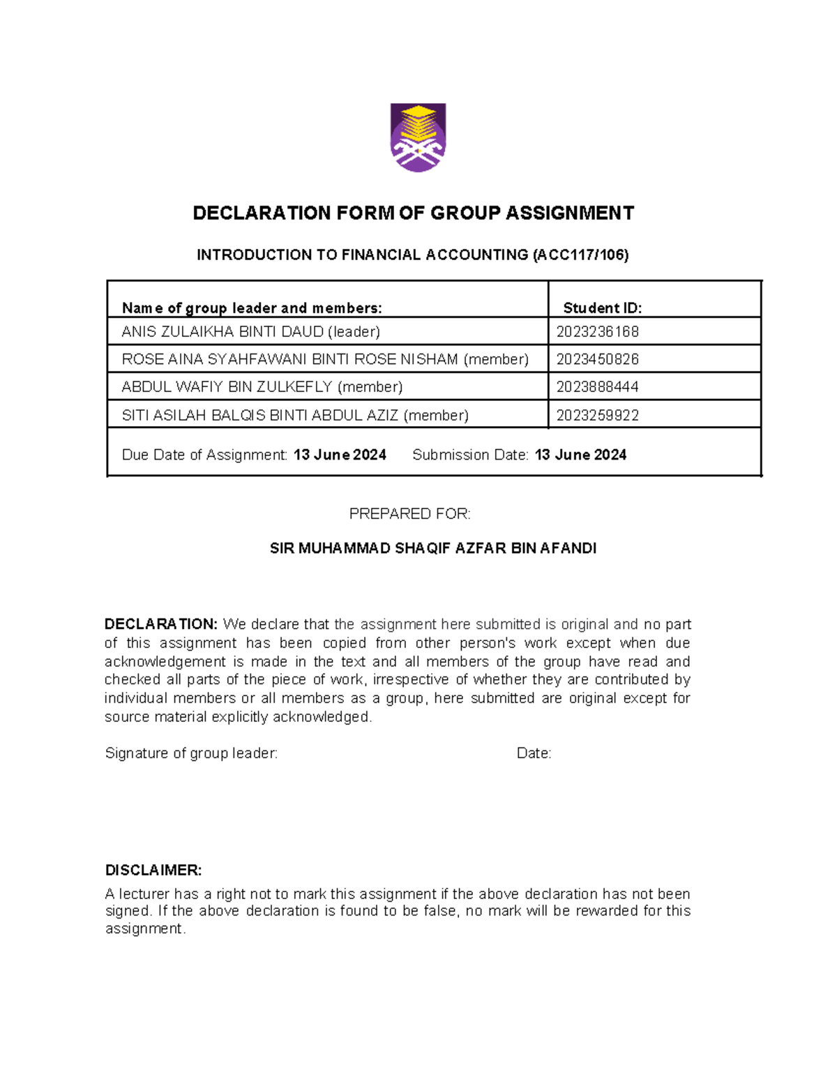 ACC117 - Group Project: Declaration & Financial Accounting Report - Studocu