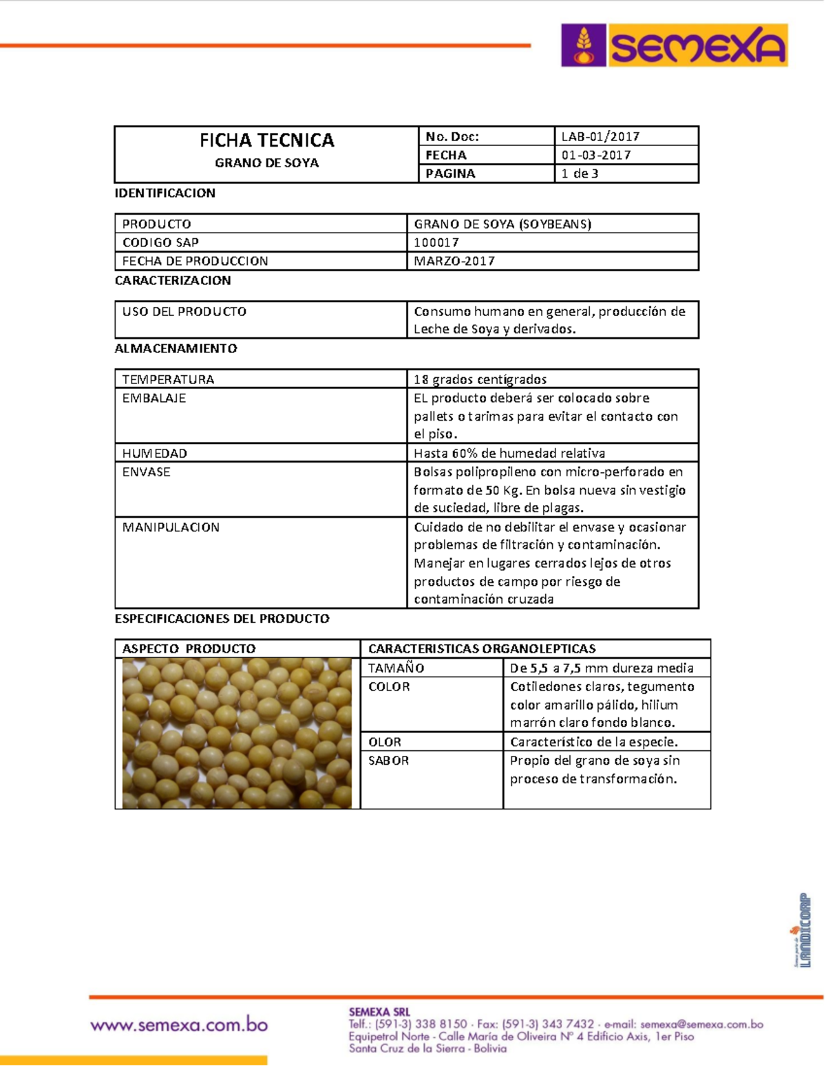 Ficha Técnica: Grano de Soya (LAB-01) - 2017 Características y ...