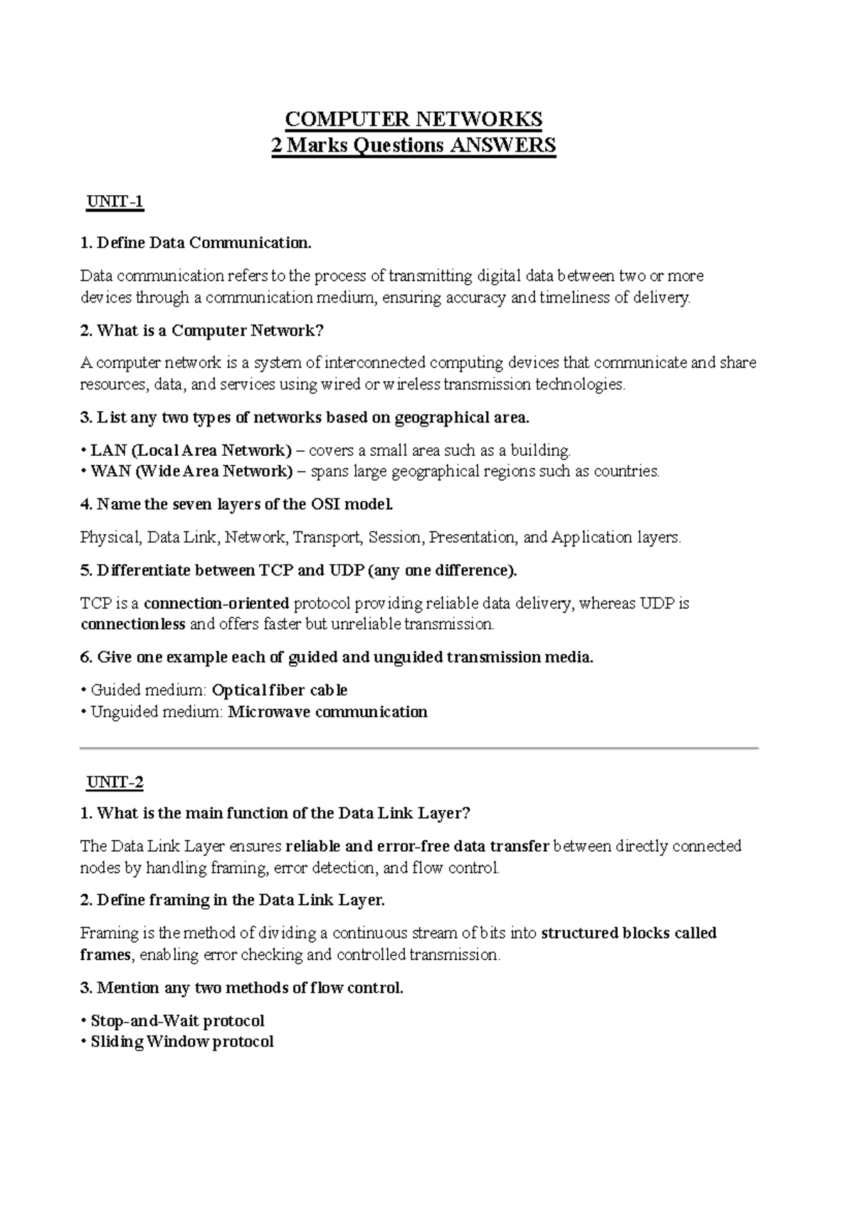 COMPUTER NETWORKS 2 Marks Questions & Answers for All Units - Studocu