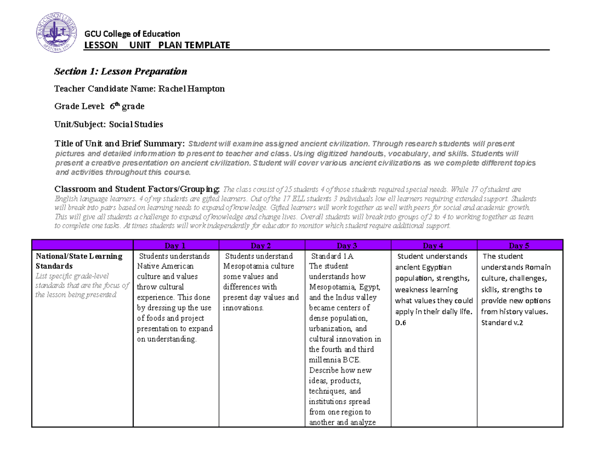Unit plan template 5 day - Section 1: Lesson Preparation Teacher ...