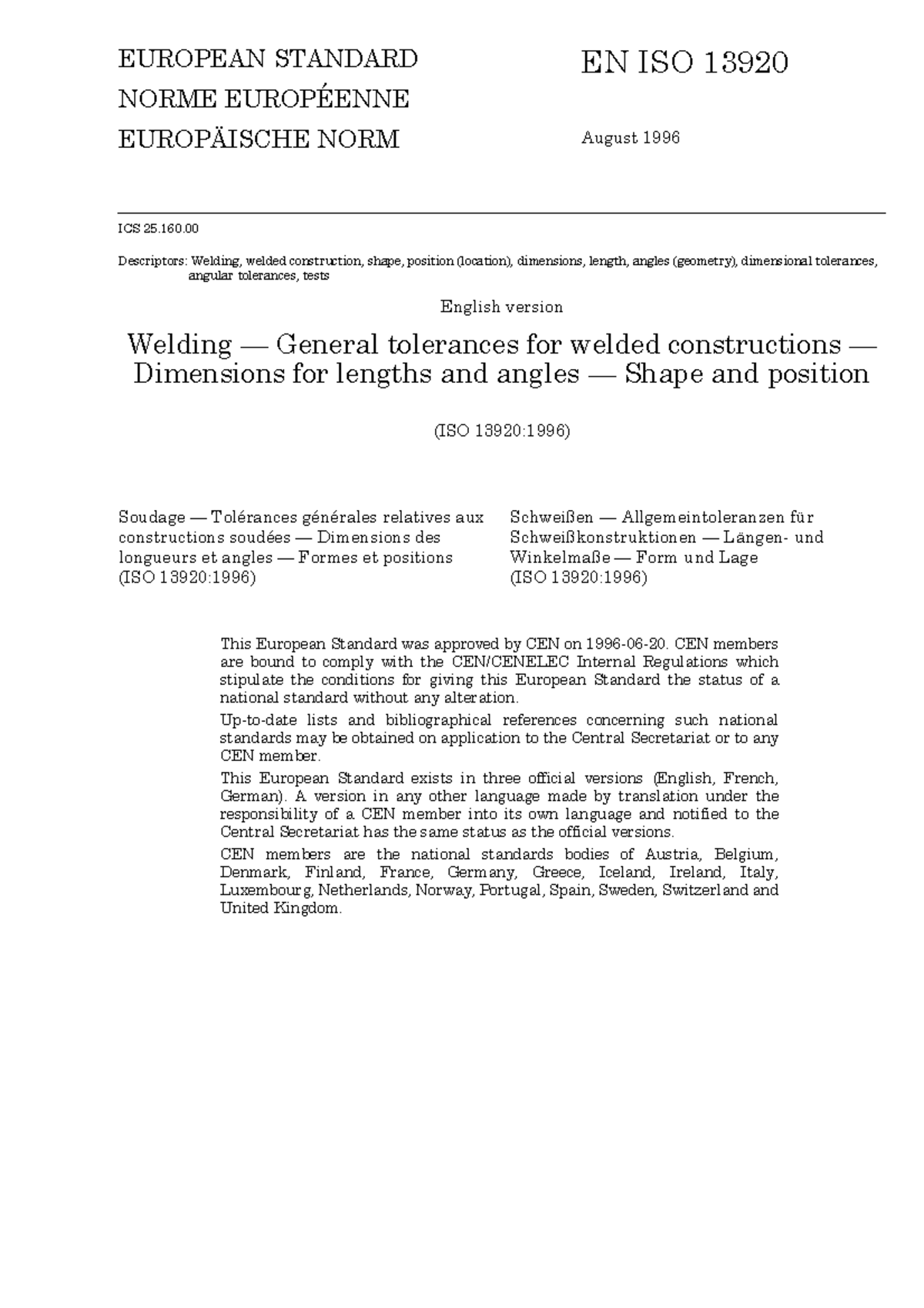 EN ISO 13920-B: General Tolerances for Welded Constructions - Studocu