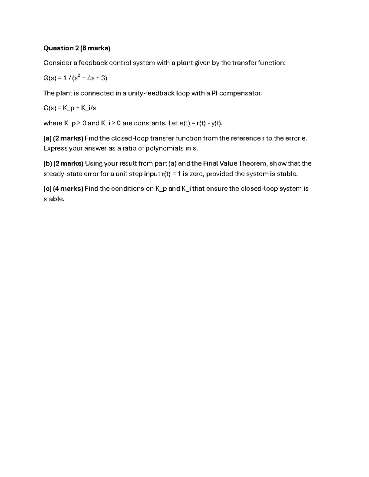 Practice Question 2: Feedback Control System Analysis (ENGR 101) - Studocu