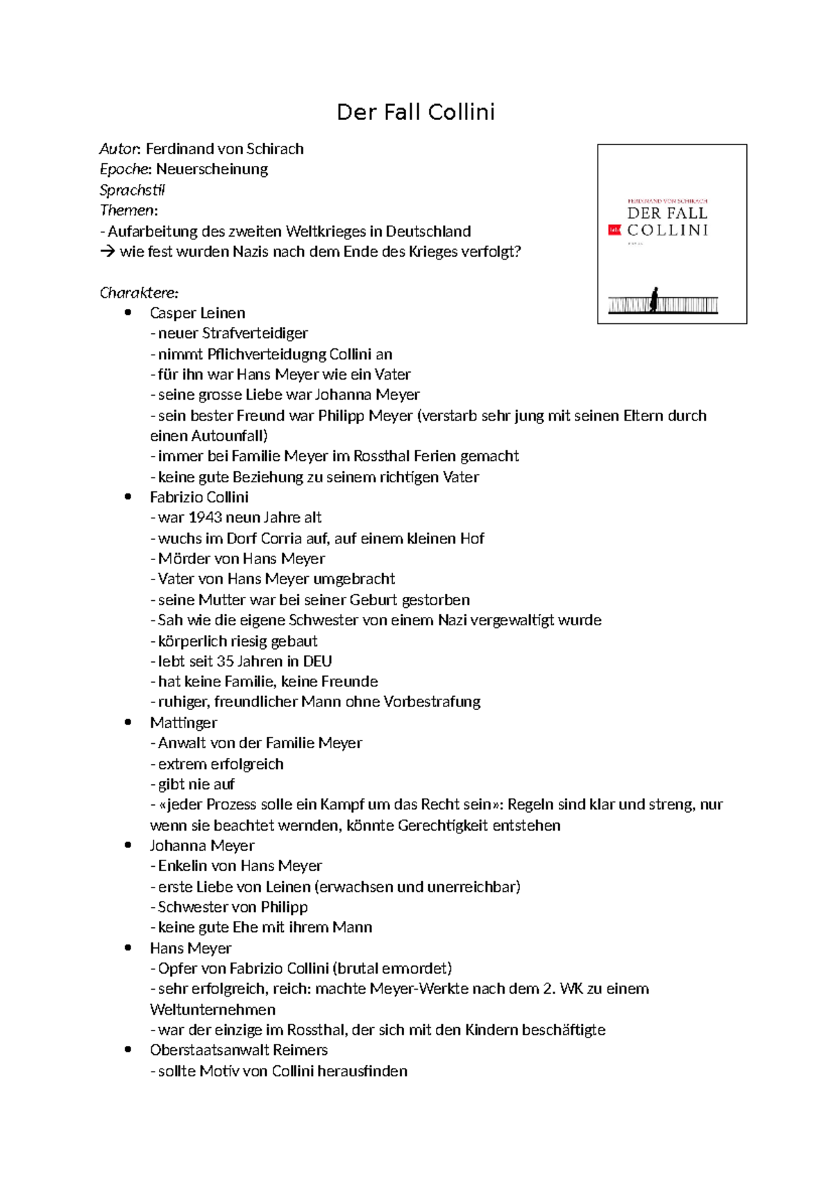 Der Fall Collini - Kapitel Zusammenfassungen und Charakteranalysen ...