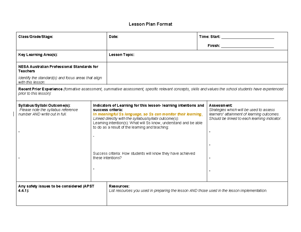 NSW Lesson Plan Template for Semester 2, 2020 - Educational Framework ...