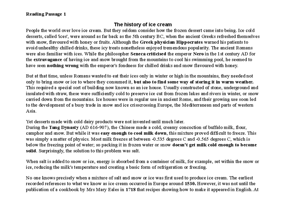 Reading Practice - The History of Ice Cream and Piaget's Theories - Studocu