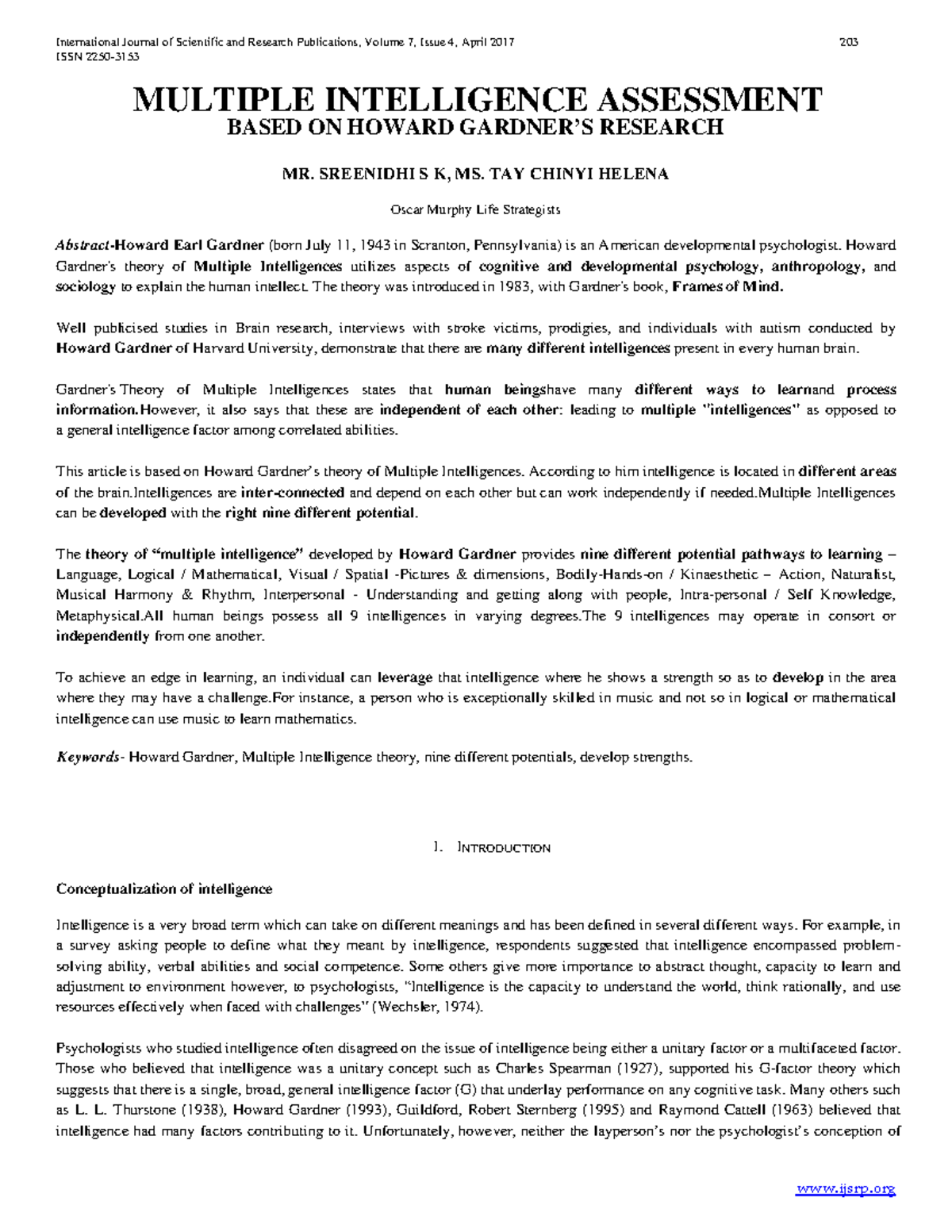 Multiple Intelligence Assessment Based O - ISSN 2250- MULTIPLE ...
