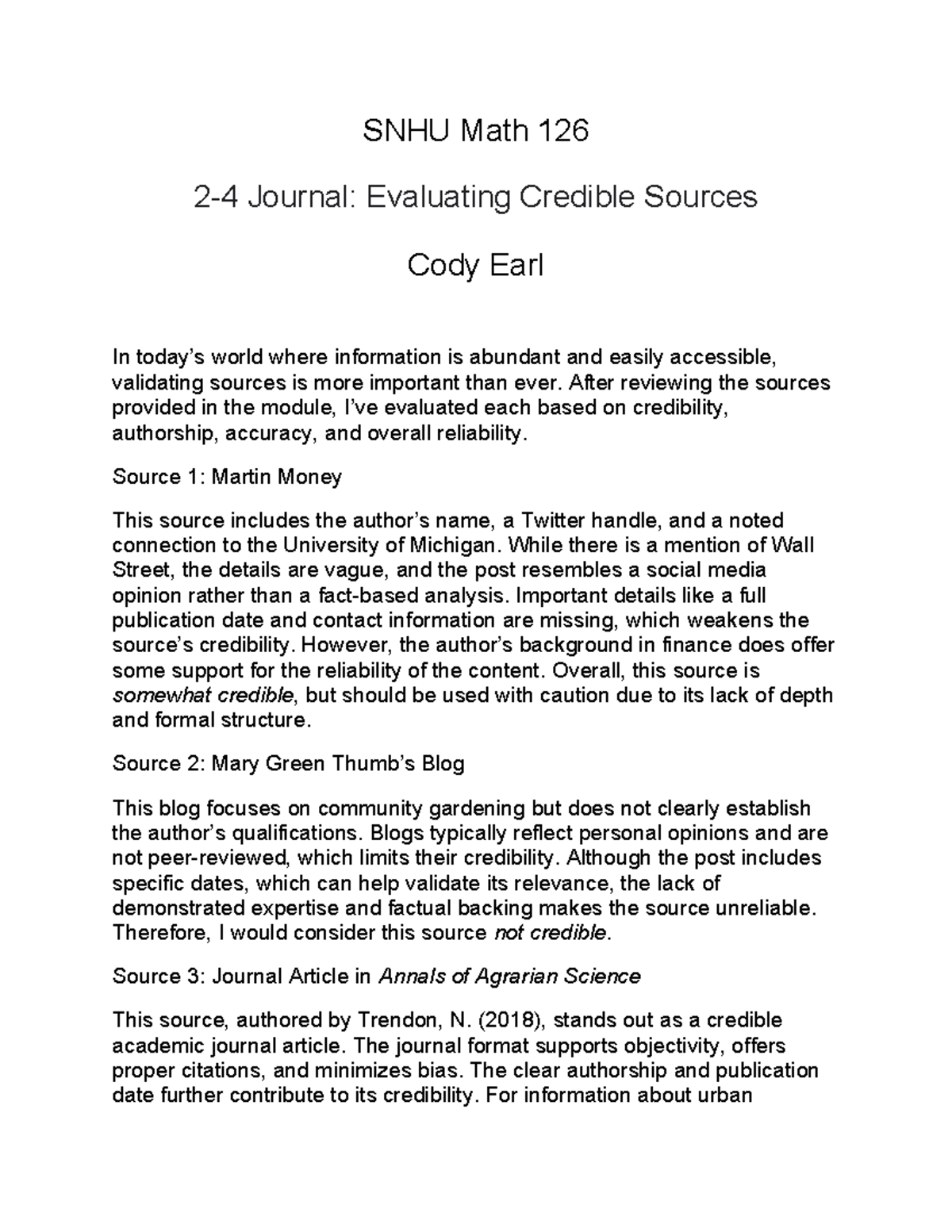 SNHU Math 126 2-4 Journal: Evaluating Source Credibility - Studocu