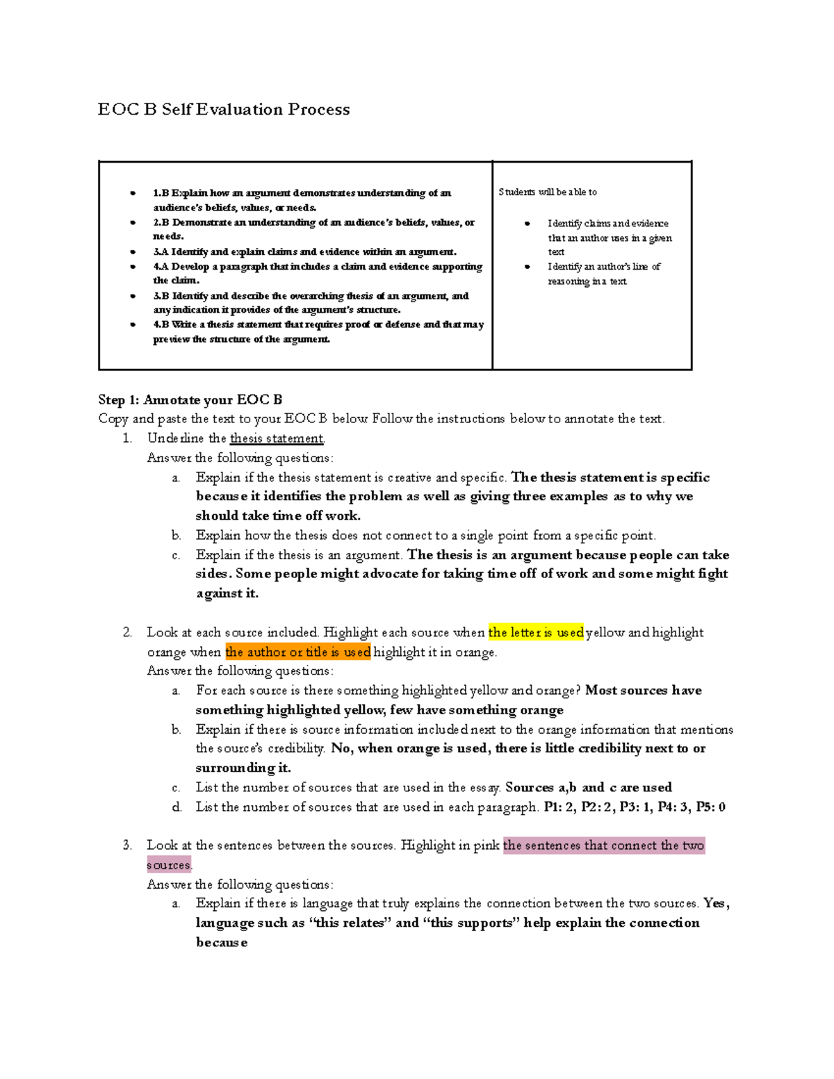 EOC B Self Evaluation Process: Analyzing Arguments and Evidence - Studocu