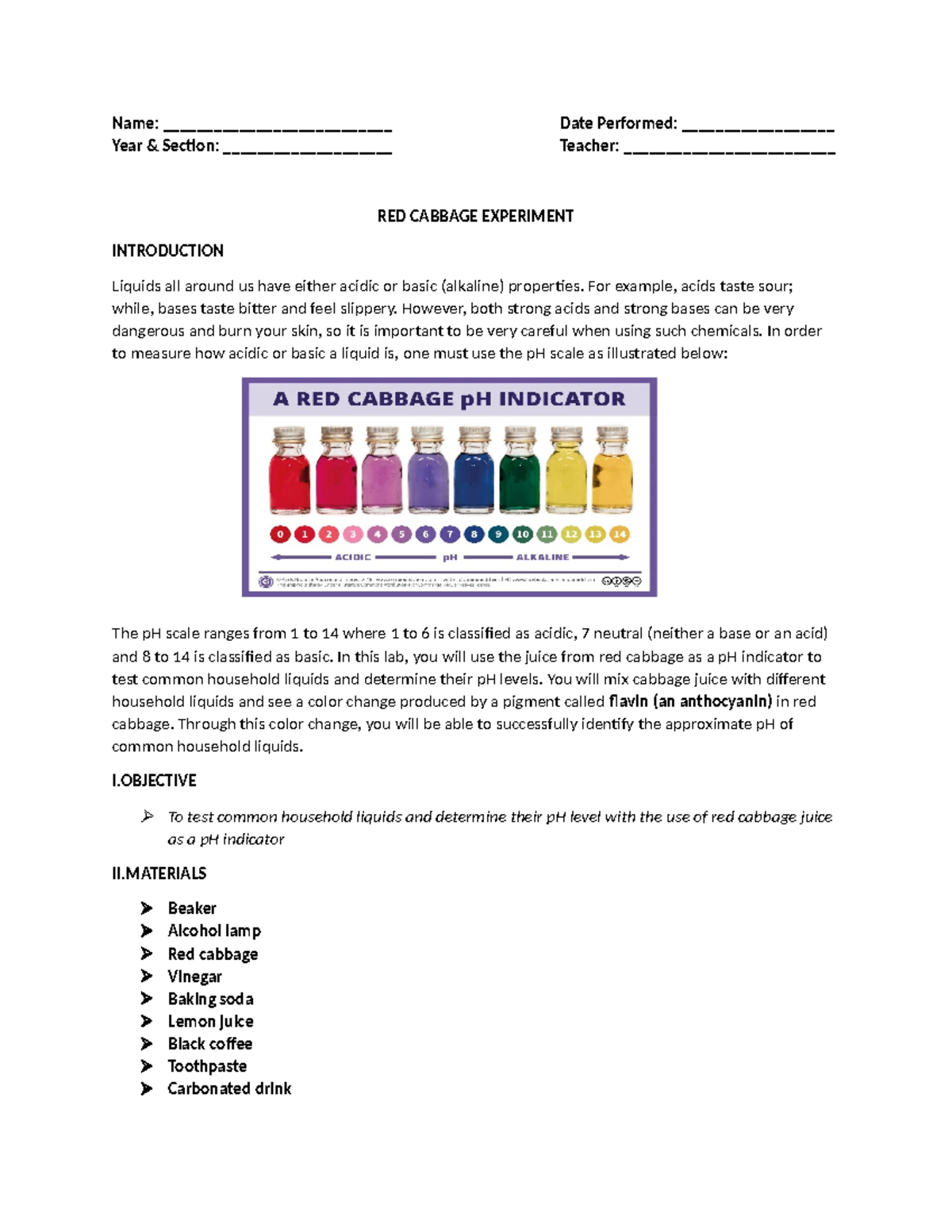 Acids and Bases (Red Cabbage Experiment) - Name ...