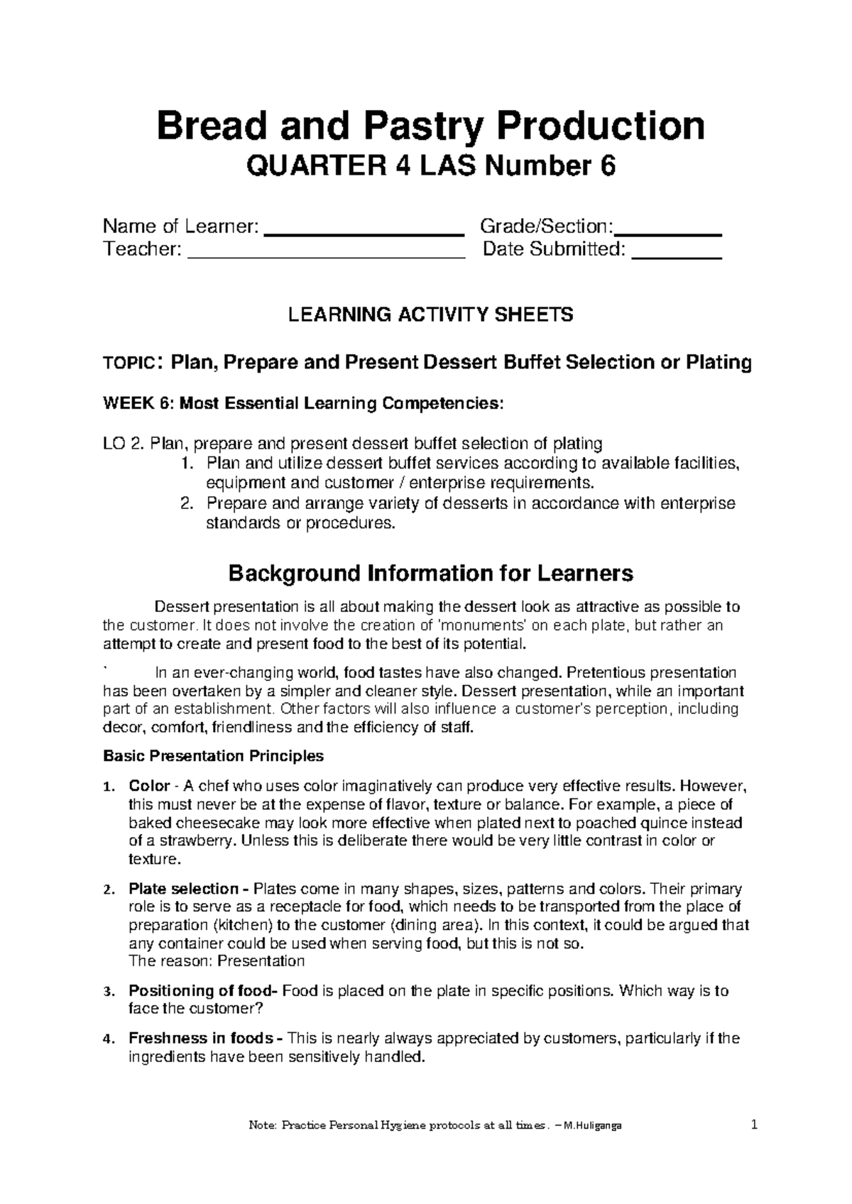 BPP QTR 4 LAS 6 WEEK 6: Dessert Buffet Planning & Presentation - Studocu