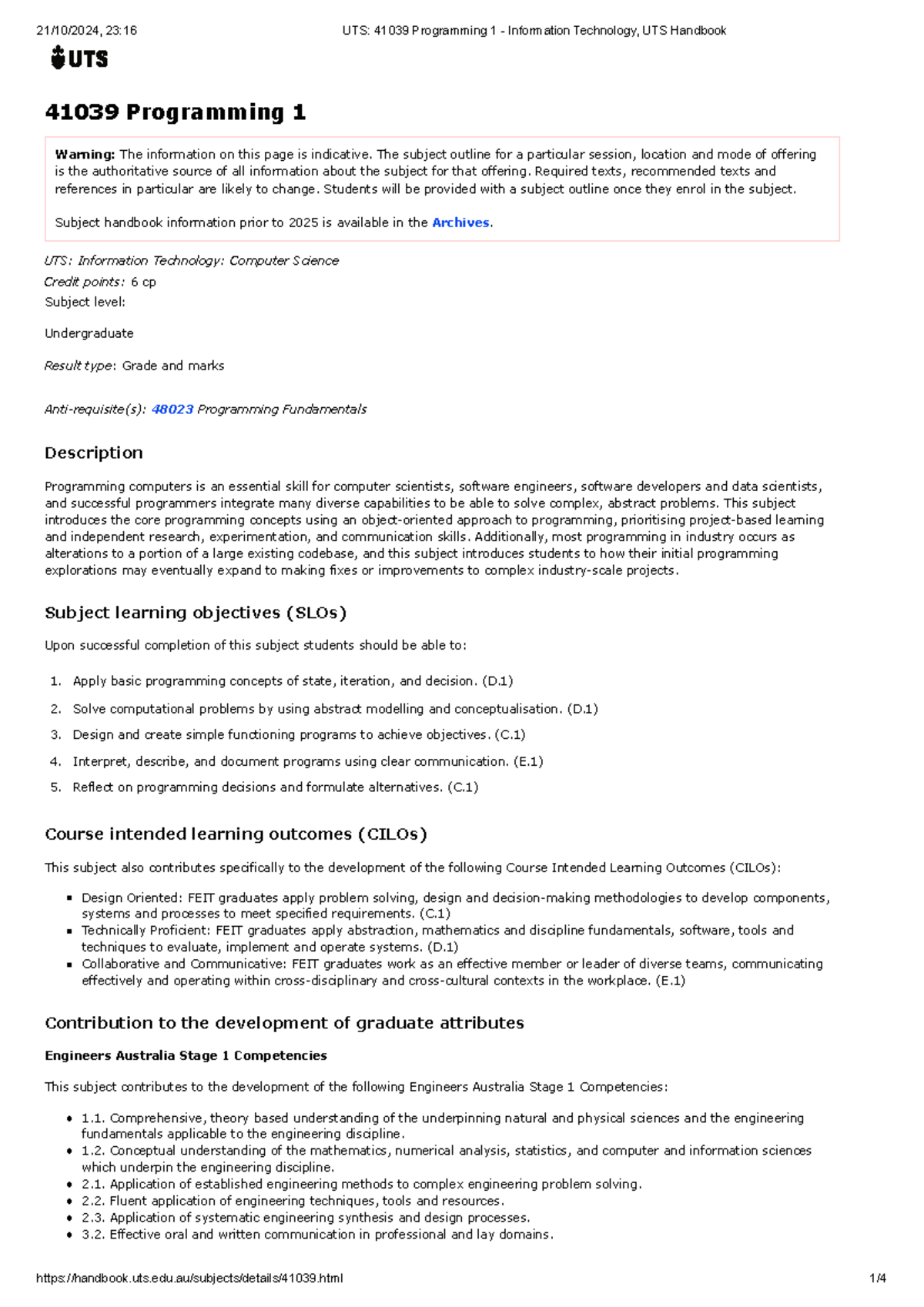 UTS 41039 Programming 1 - Subject Handbook Overview and Key Insights - Studocu