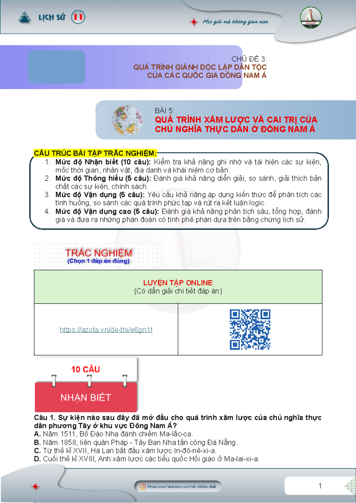 LS11 - CĐ3 - BÀI 5: TRẮC NGHIỆM VỀ THỰC DÂN Ở ĐÔNG NAM Á - Studocu