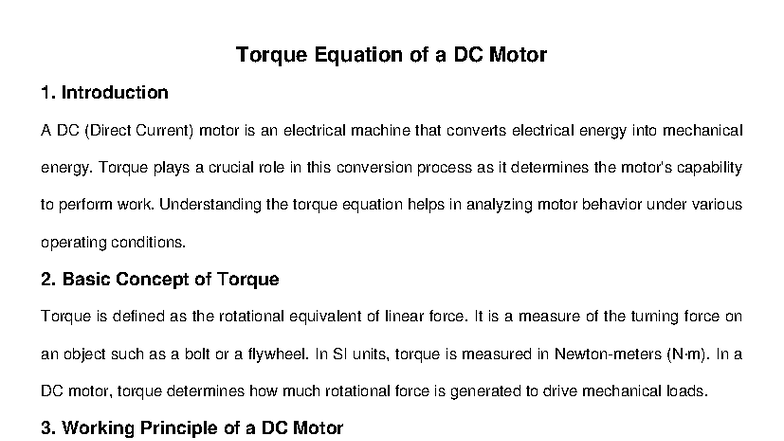Torque Equation of DC Motor: Understanding Basics and Derivation - Studocu