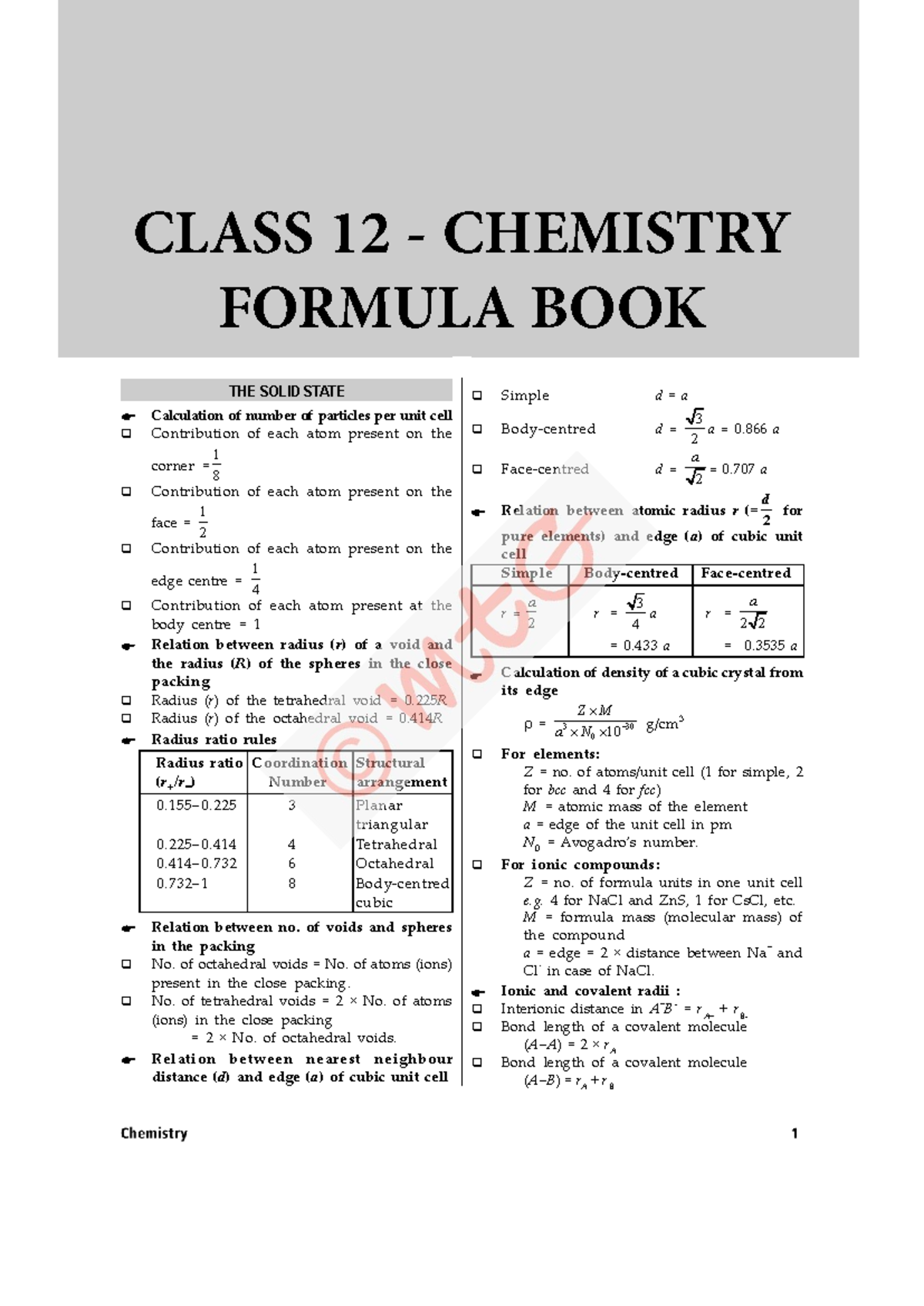 CLASS 12 CHEMISTRY FORMULA BOOK: THE SOLID STATE & SOLUTIONS - Studocu