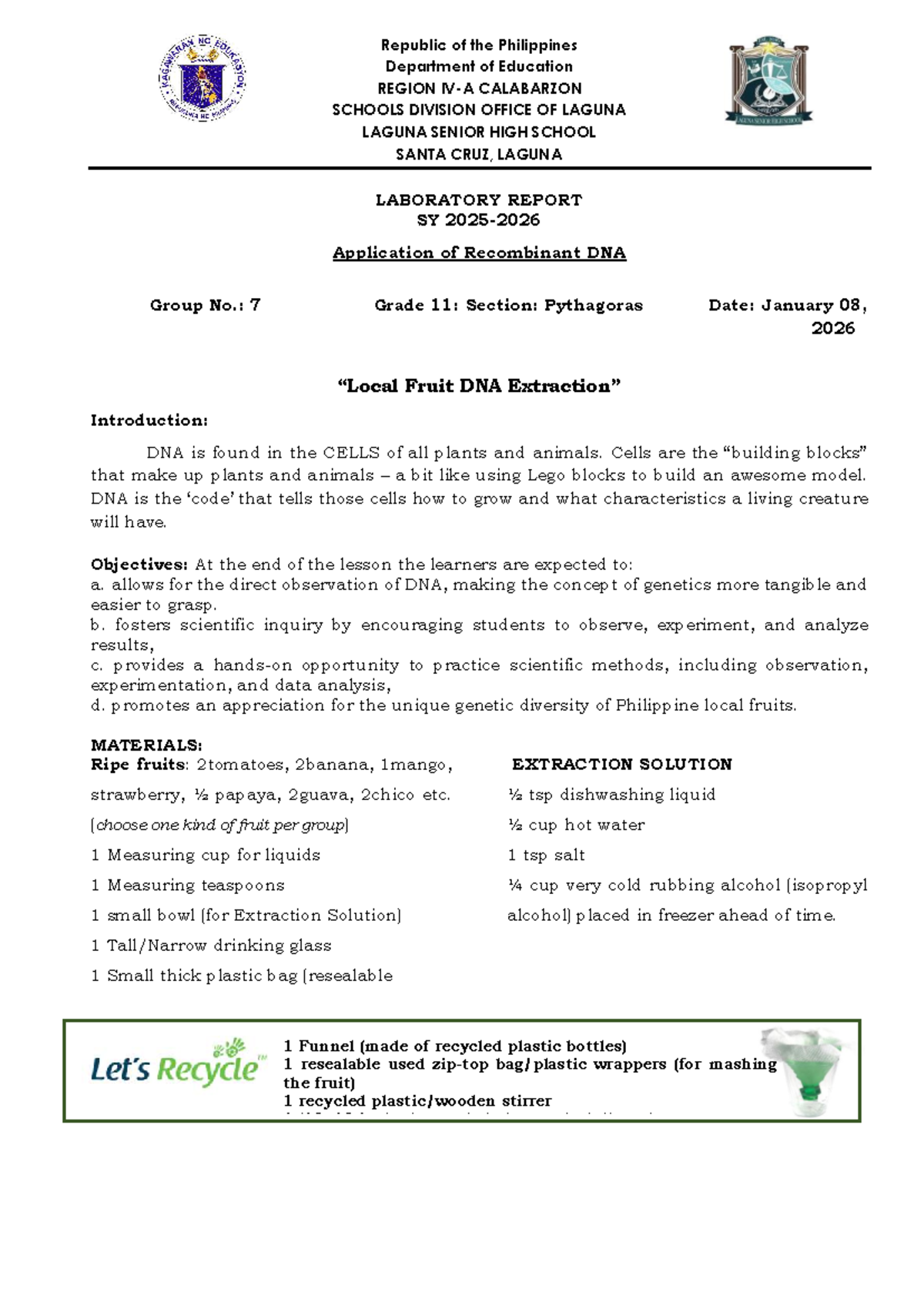 LAB Report: Local Fruit DNA Extraction (Grade 11, STEM) - Studocu